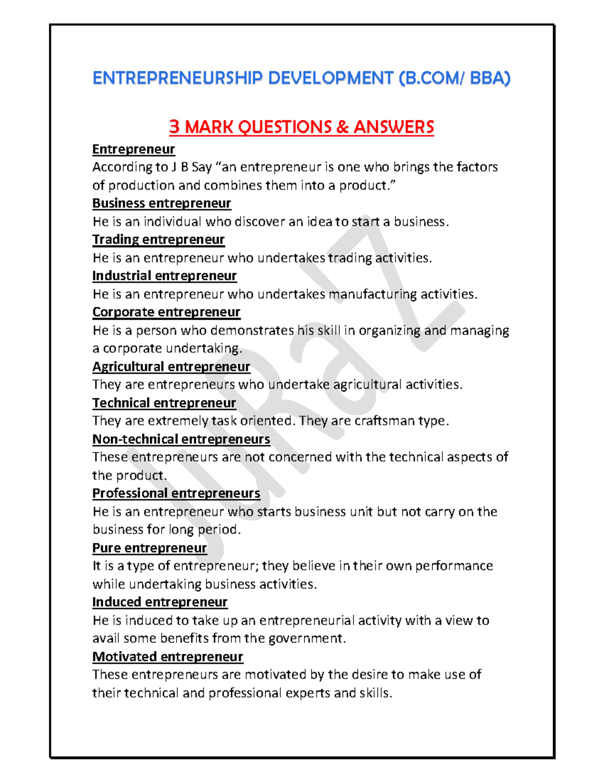 Entrepreneurship Development (B.COM/BBA): Short Answers Compilation ...
