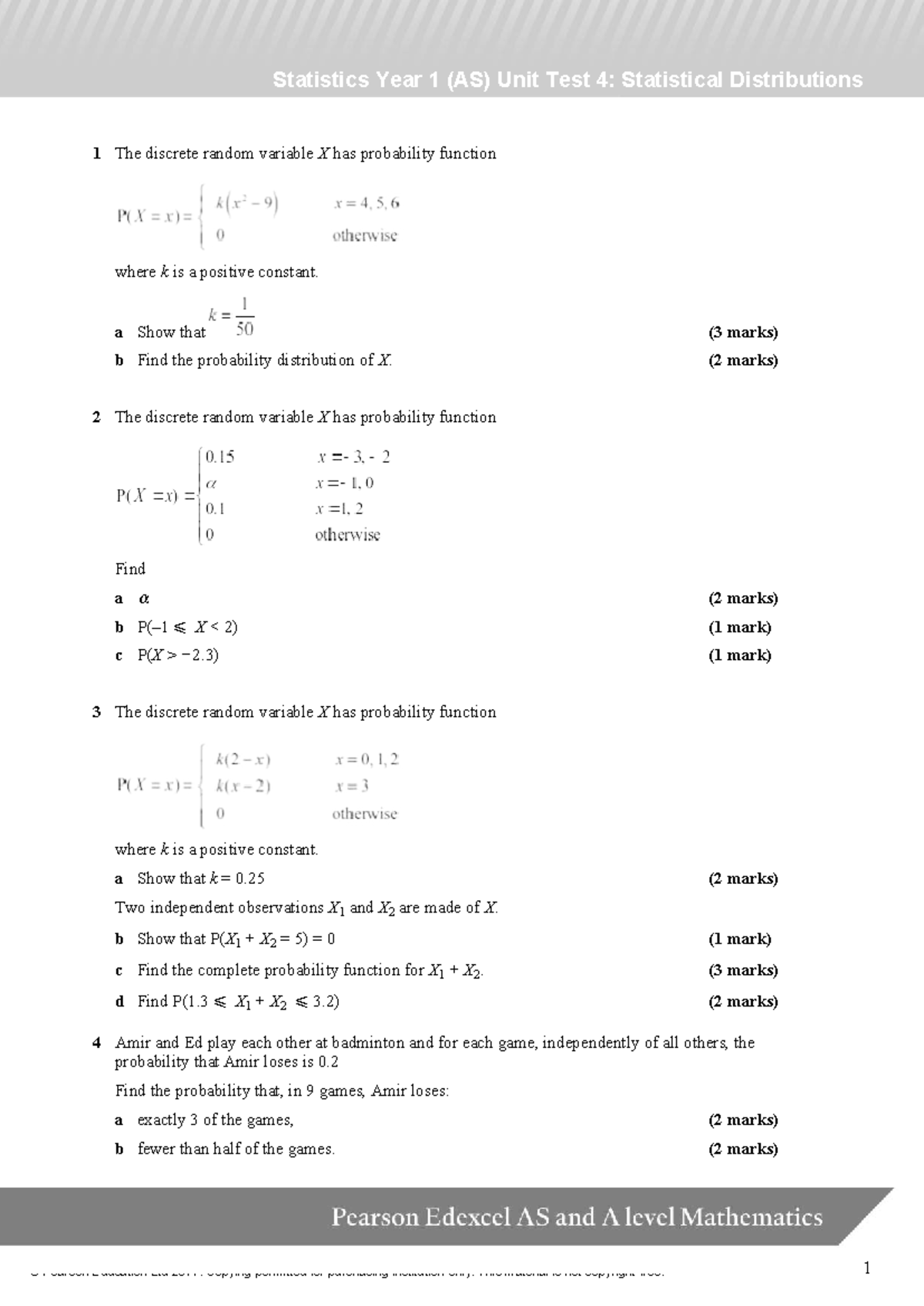 AS Maths Unit 4 Test: Statistical Distribution & Probability Functions ...