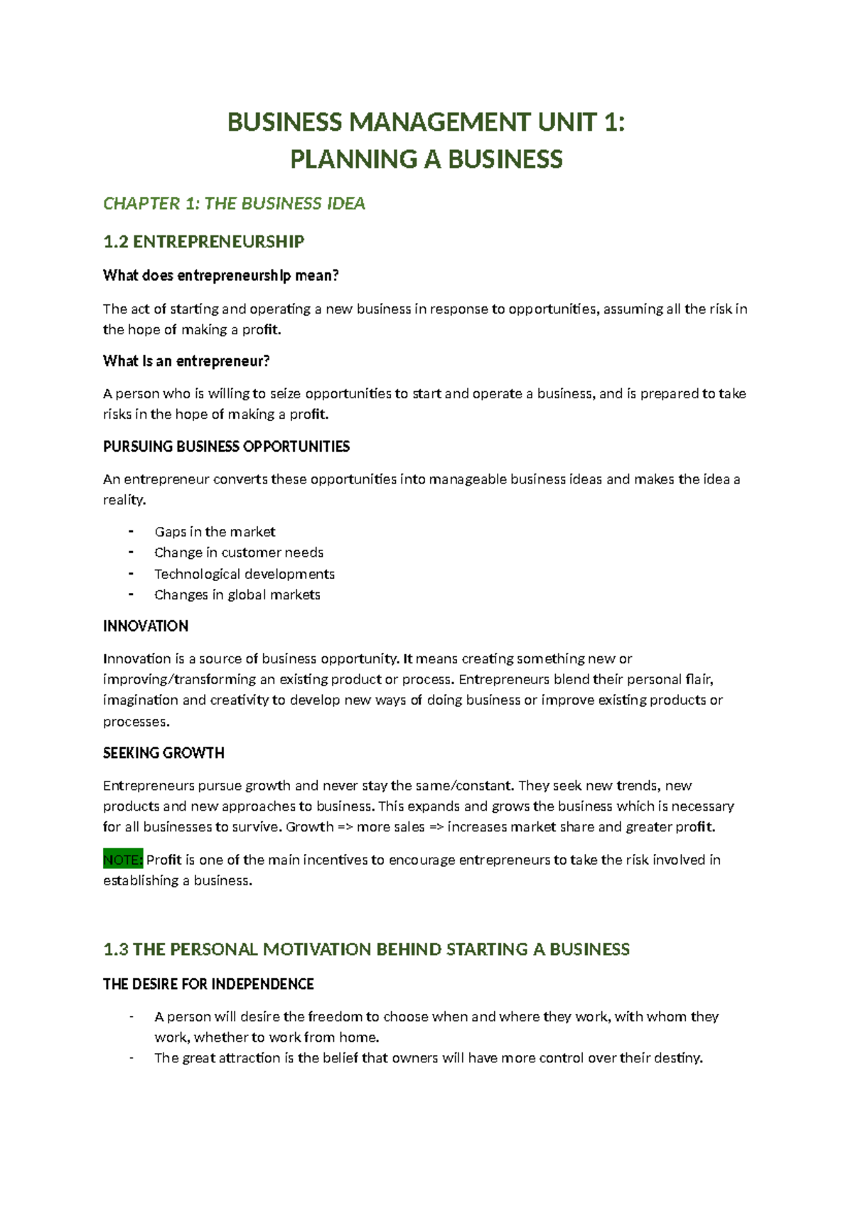 Business Management UNIT 1 - BUSINESS MANAGEMENT UNIT 1: PLANNING A ...