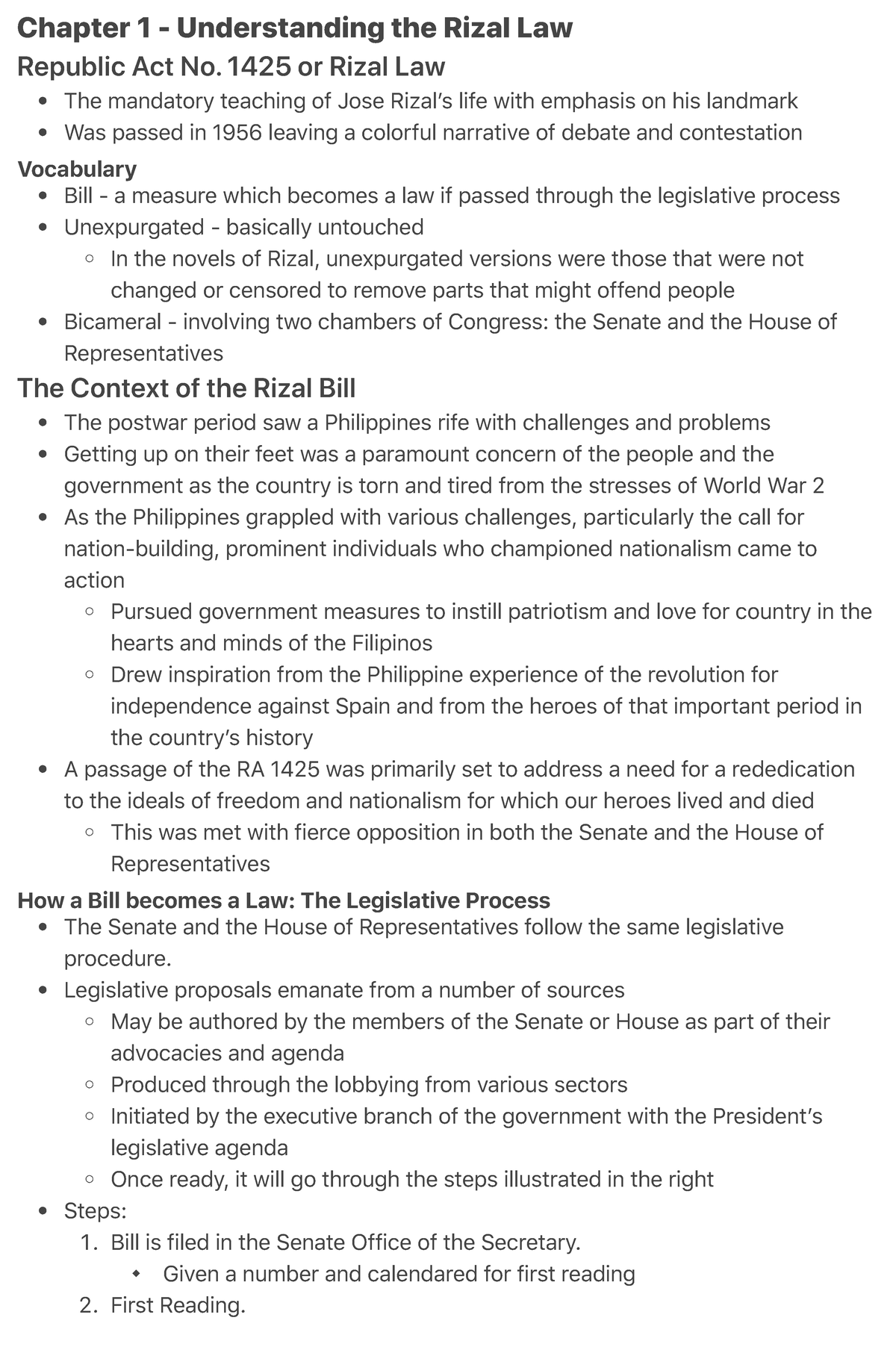 Chapter 1 - Overview of the Rizal Law and Legislative Process - Studocu