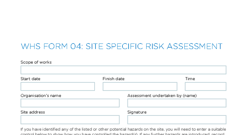 WHS FORM 04: Site Specific Risk Assessment Guidelines - Studocu
