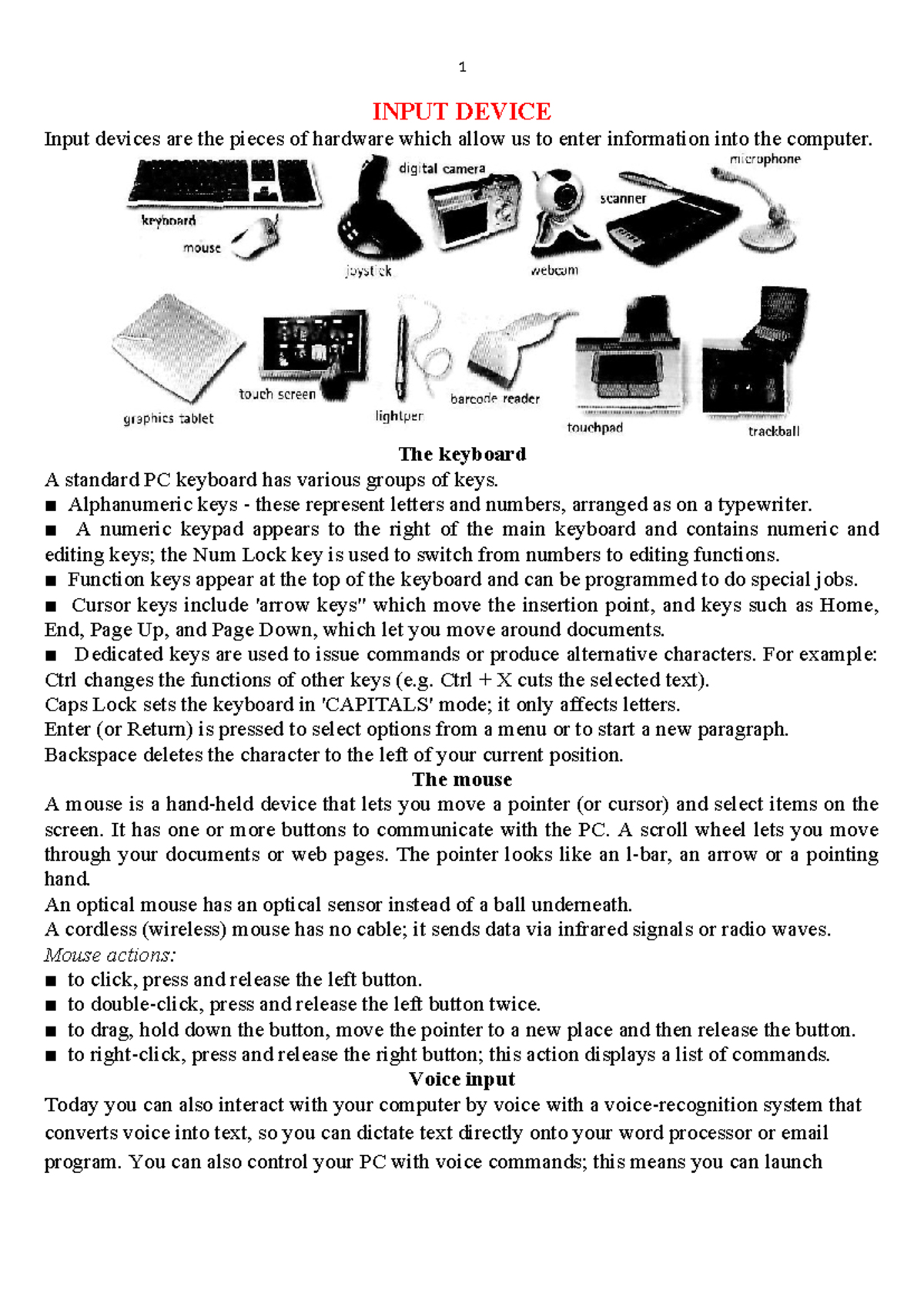 Input Devices Overview - Course Code: 1 INPUT DEVICE - Studocu