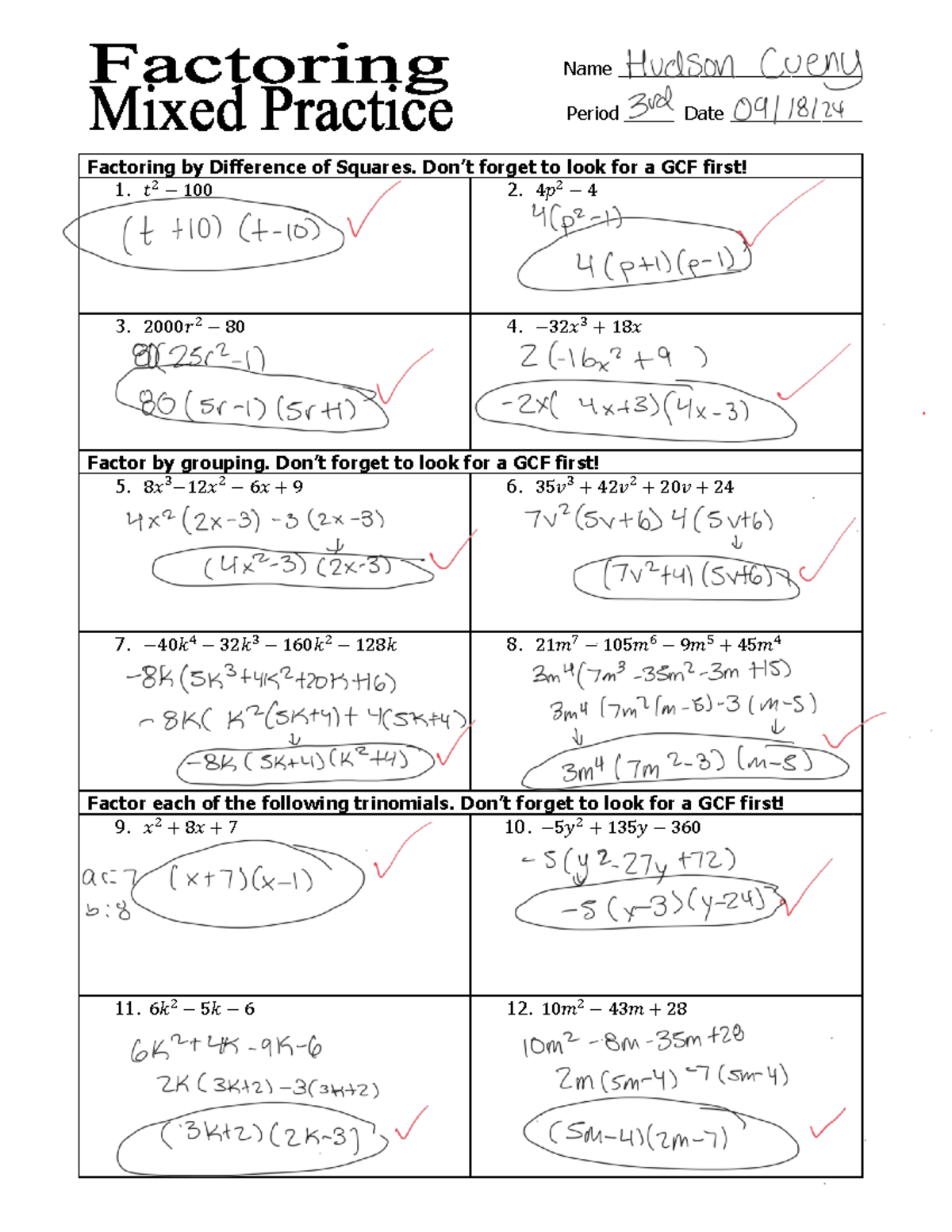 Factoring Review HW - Name ________________________ Period _____ Date ...