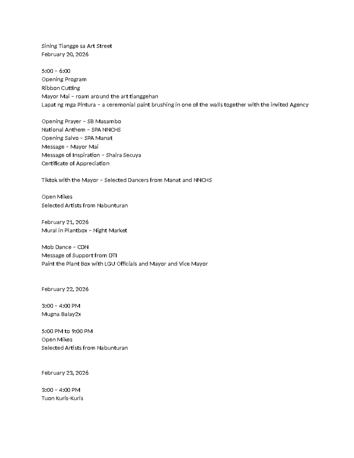 Sining Tiangge sa Art Street: Tentative Program Overview - Studocu