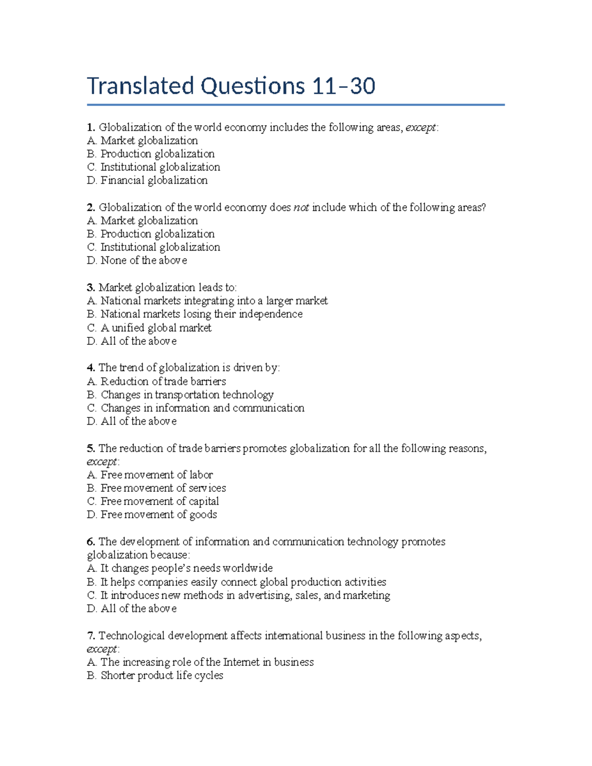 Globalization and International Business Questions 11-30 (Vietnamese ...