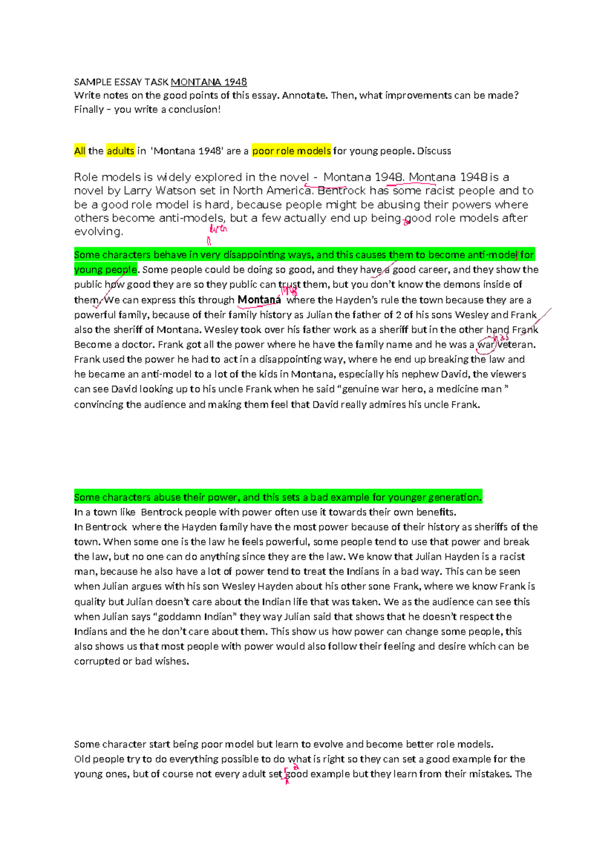 Essay Notes & Analysis: Examining Role Models in Montana 1948 - Studocu