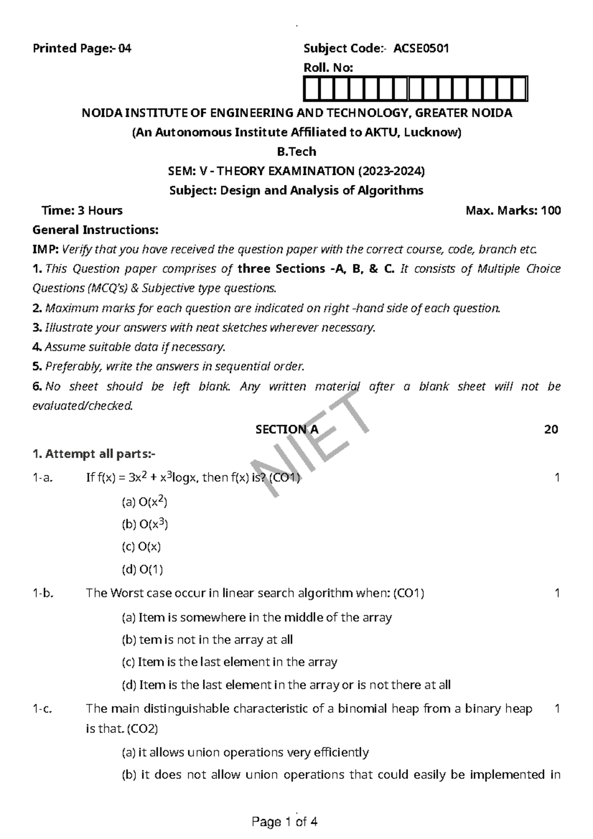 DAA(2023-24) - Previous Year Question Paper for Algorithm Exam - Studocu