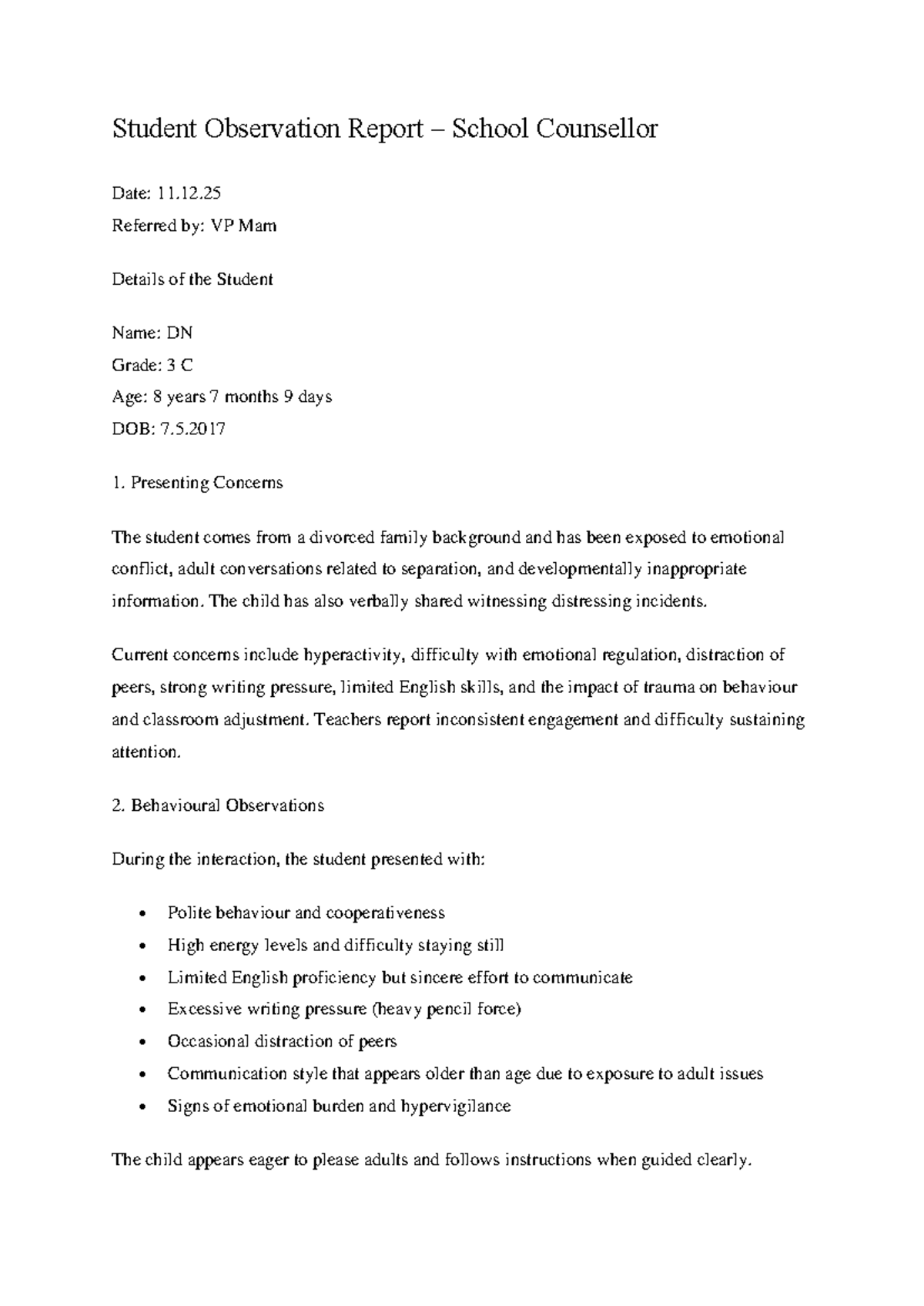 Student Observation Report: DN - Grade 3 Behavioral Insights - Studocu