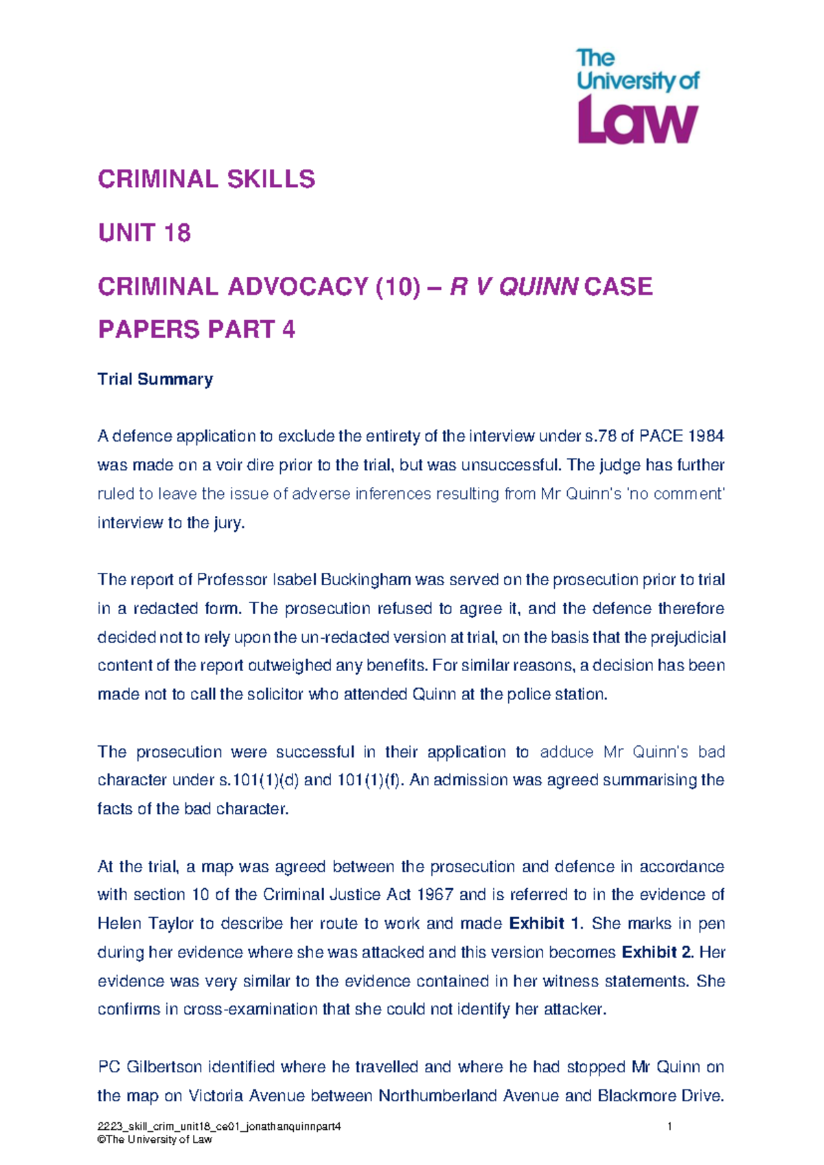CRIM 2223 Unit 18: R v Quinn Case Study - Trial Summary Part 4 - Studocu