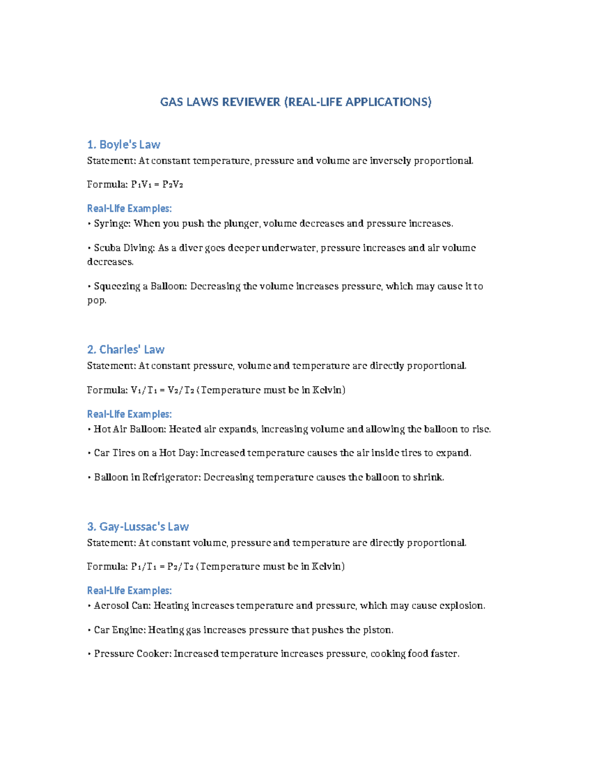 Gas Laws Real Life Applications Reviewer (GAS 101) - Studocu
