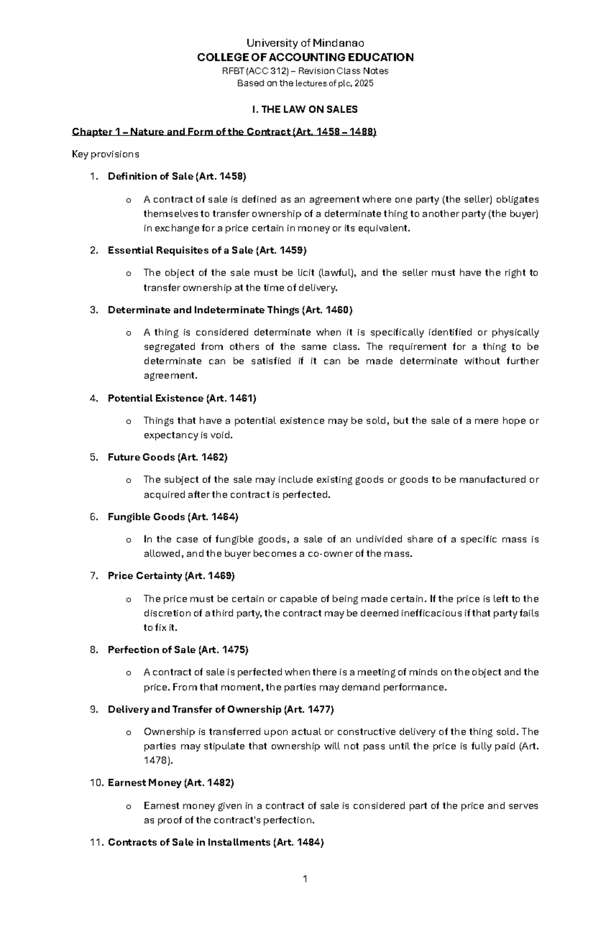 RFBT (ACC 312) Revision Class Notes on The Law of Sales and Credit ...