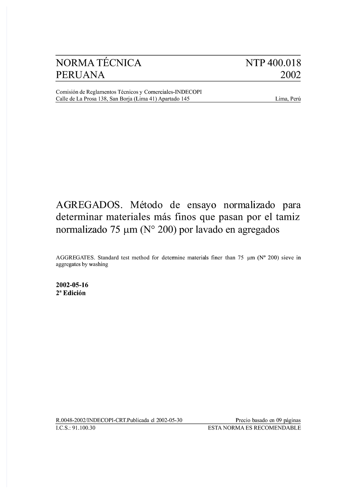 NTP 400 018 Materiales MAS Finos Pasantes POR EL Tamiz 200 EN Agregados ...