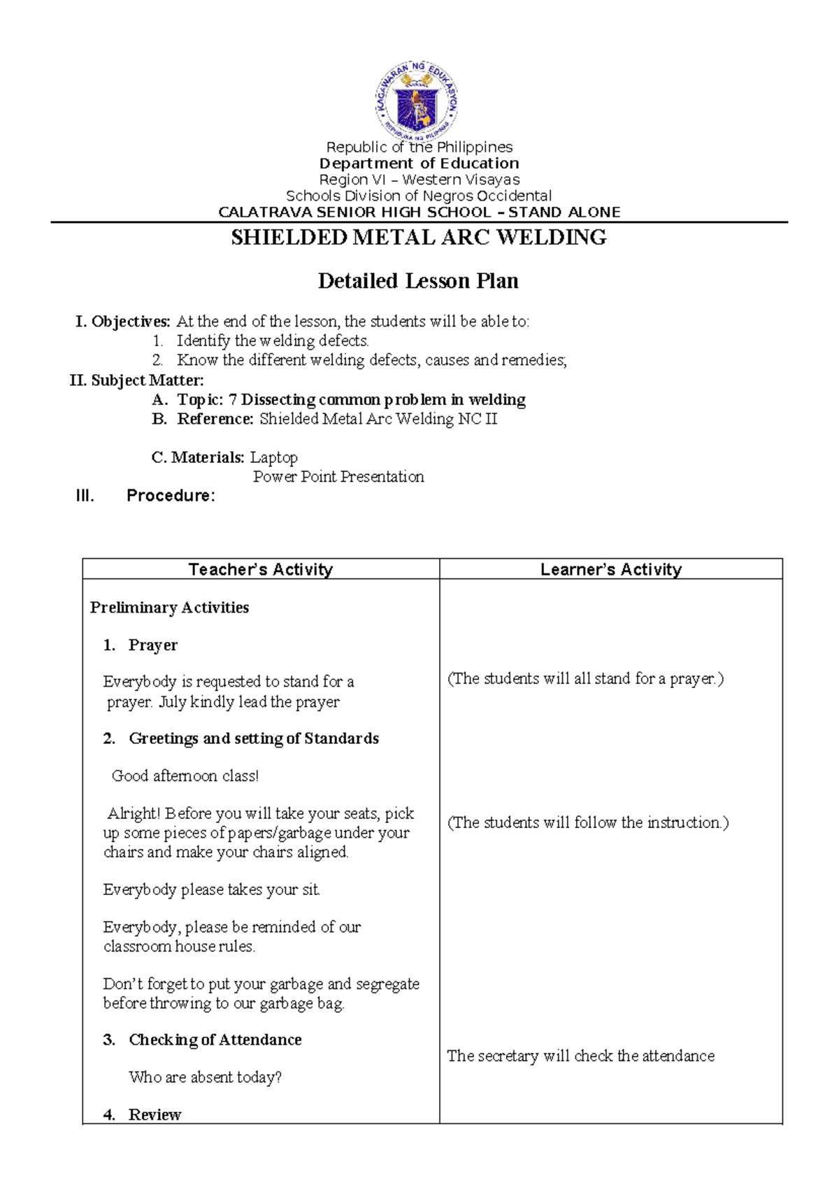 Detailed Lesson Plan on Welding Defects (SHIELDED METAL ARC WELDING ...