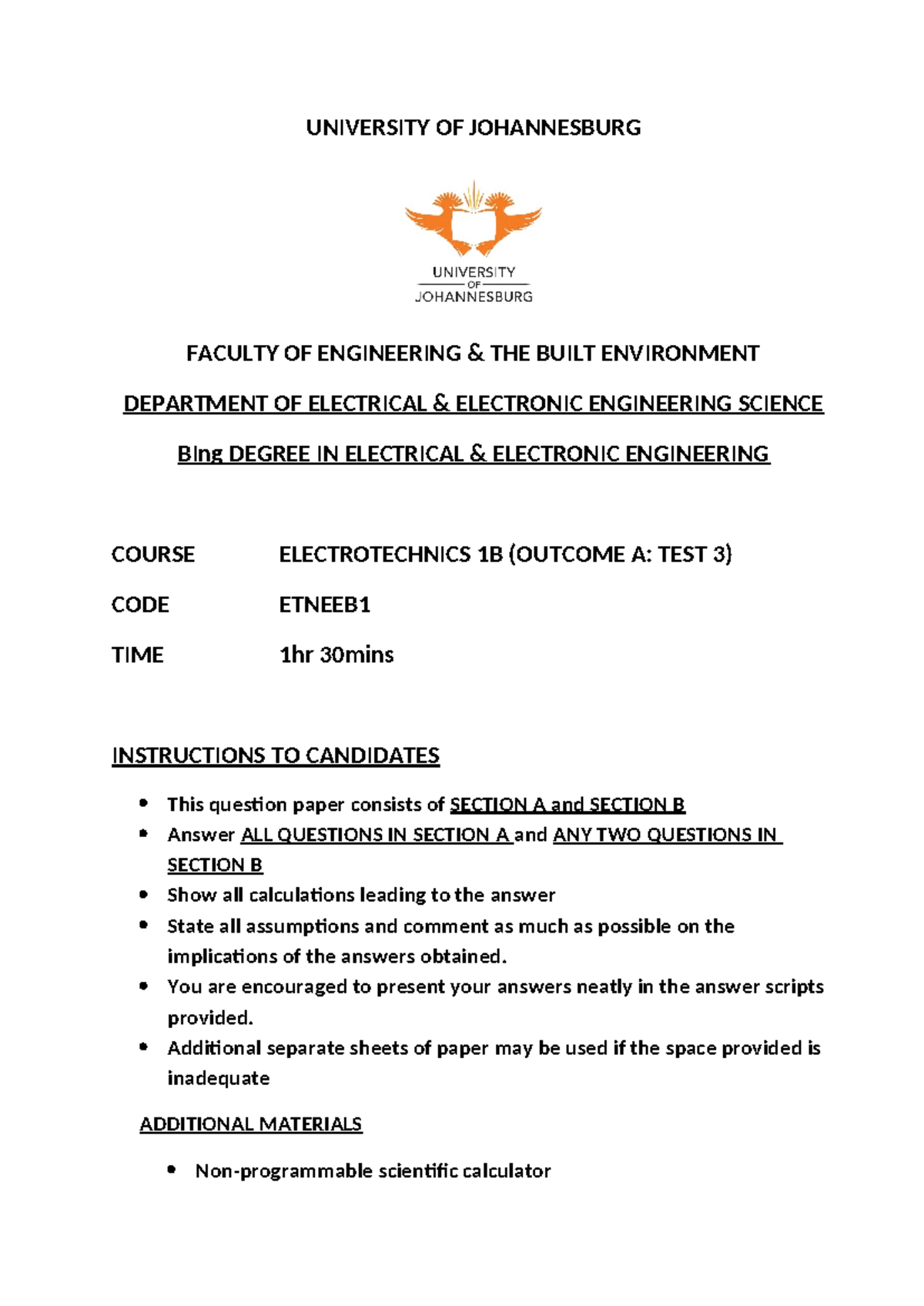 Electrotechnics 1B (ETNEEB1) Test 3 Memo - University of Johannesburg ...
