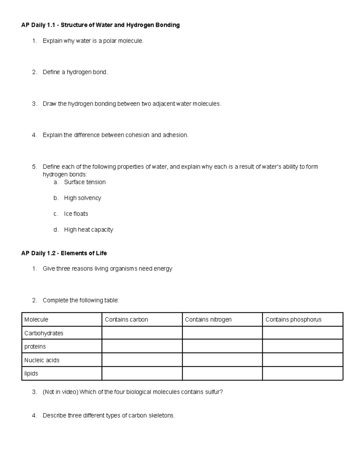 AP Daily Video Questions: Unit 1 - Water, Macromolecules, and Enzymes ...