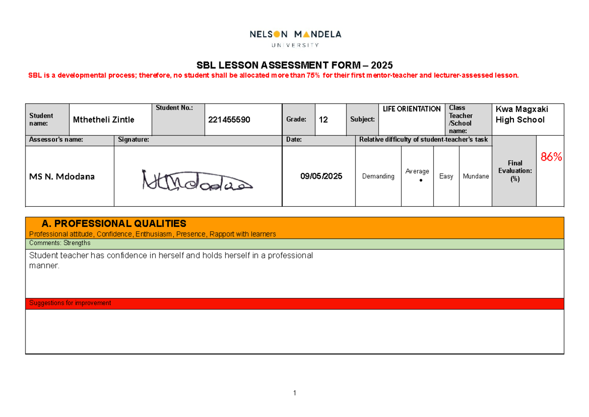 SBL LESSON ASSESSMENT FORM 2025: Mthetheli Zintle Evaluation - Studocu