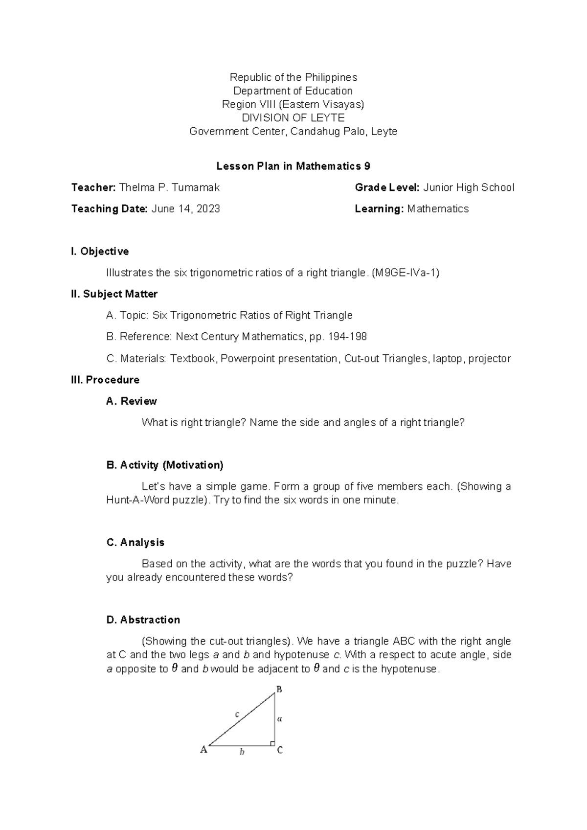 Math 9 Lesson Plan: Six Trigonometric Ratios of Right Triangle - Studocu