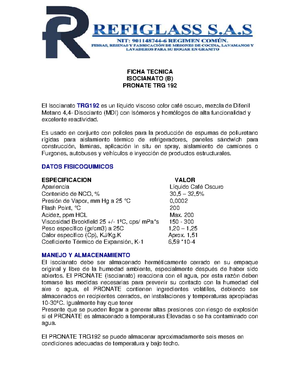 Ficha Técnica Isocianato TRG192: Propiedades y Manejo Seguro - Studocu