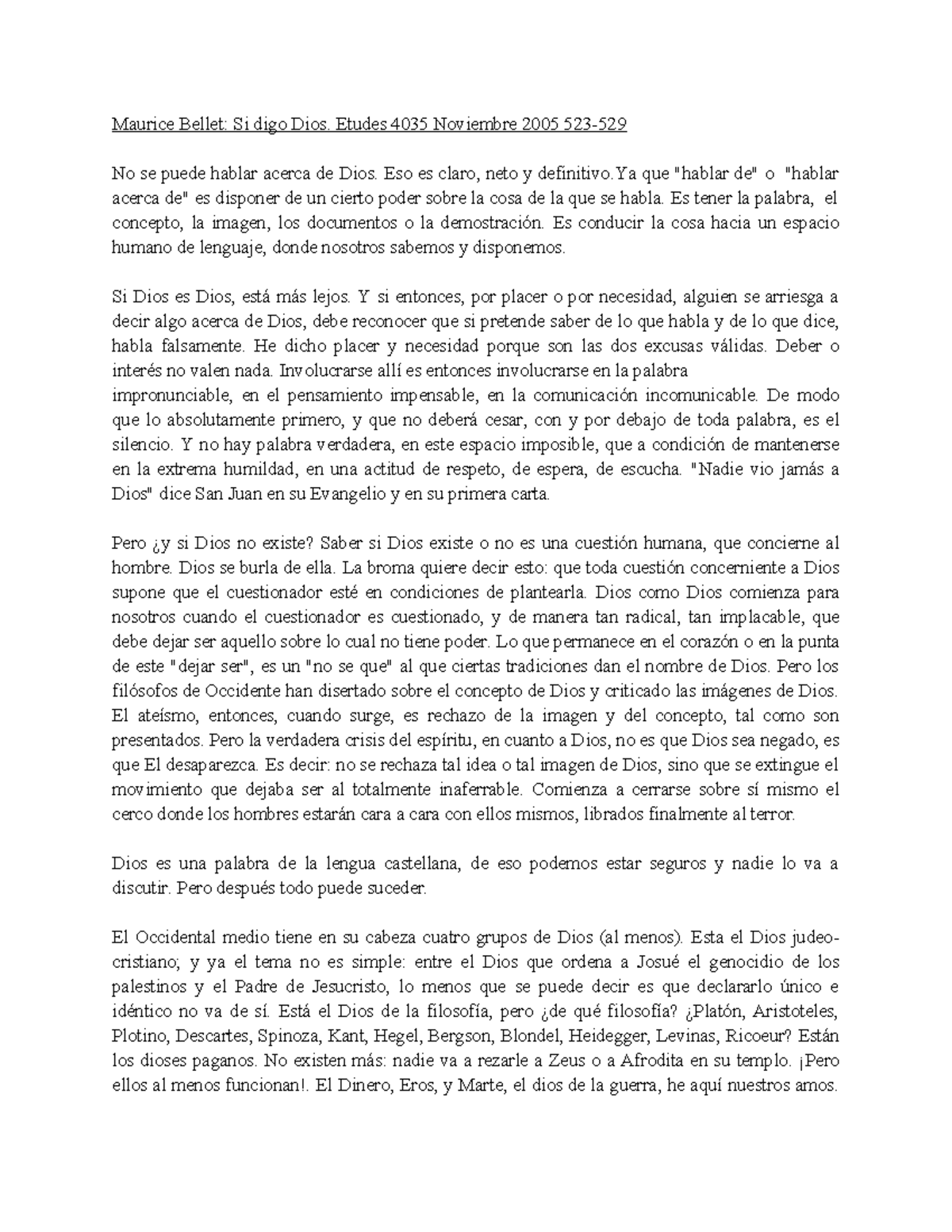 Etudes 4035: Análisis del Texto "Si Digo Dios" de Maurice Bellet - Studocu