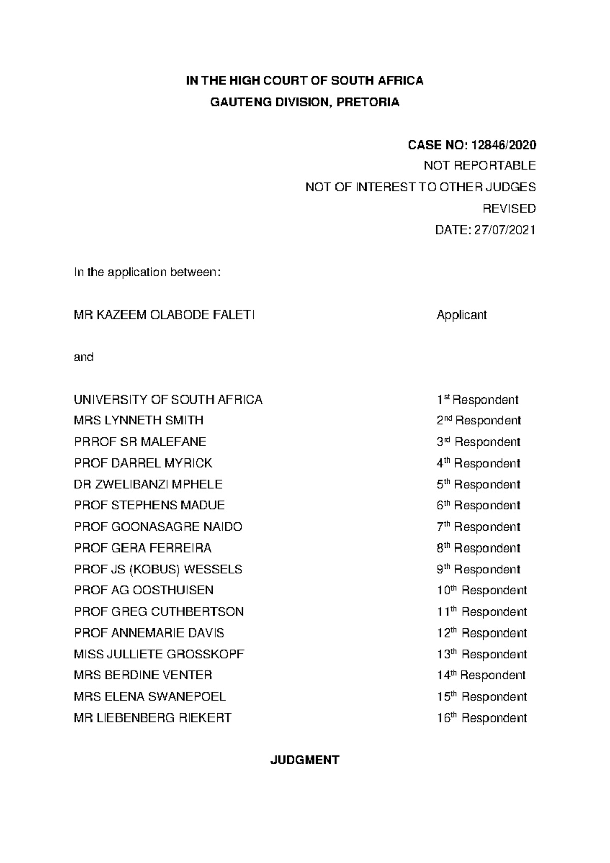 Case No: 2021/07/27 - Judgment on Faleti v University of South Africa ...