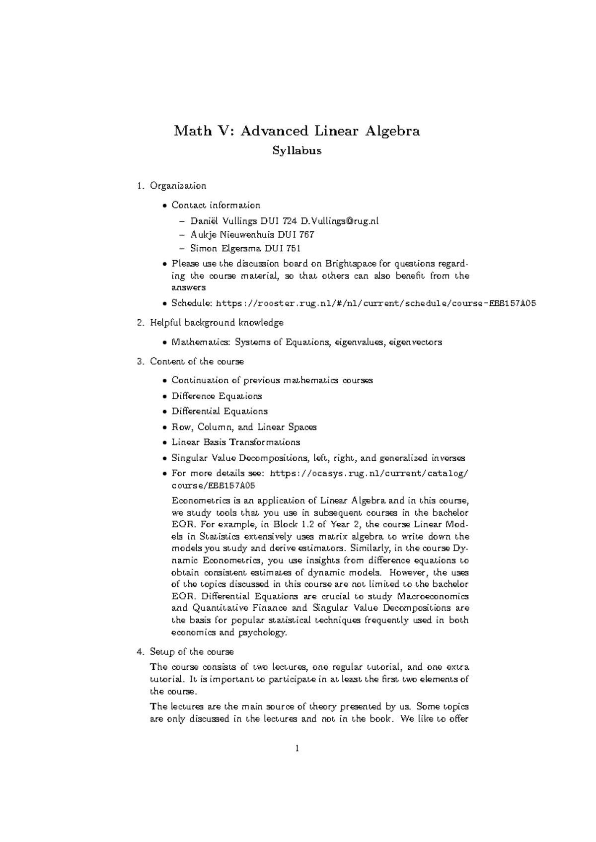 Syllabus for Math V: Advanced Linear Algebra (EBB157A) - Studeersnel