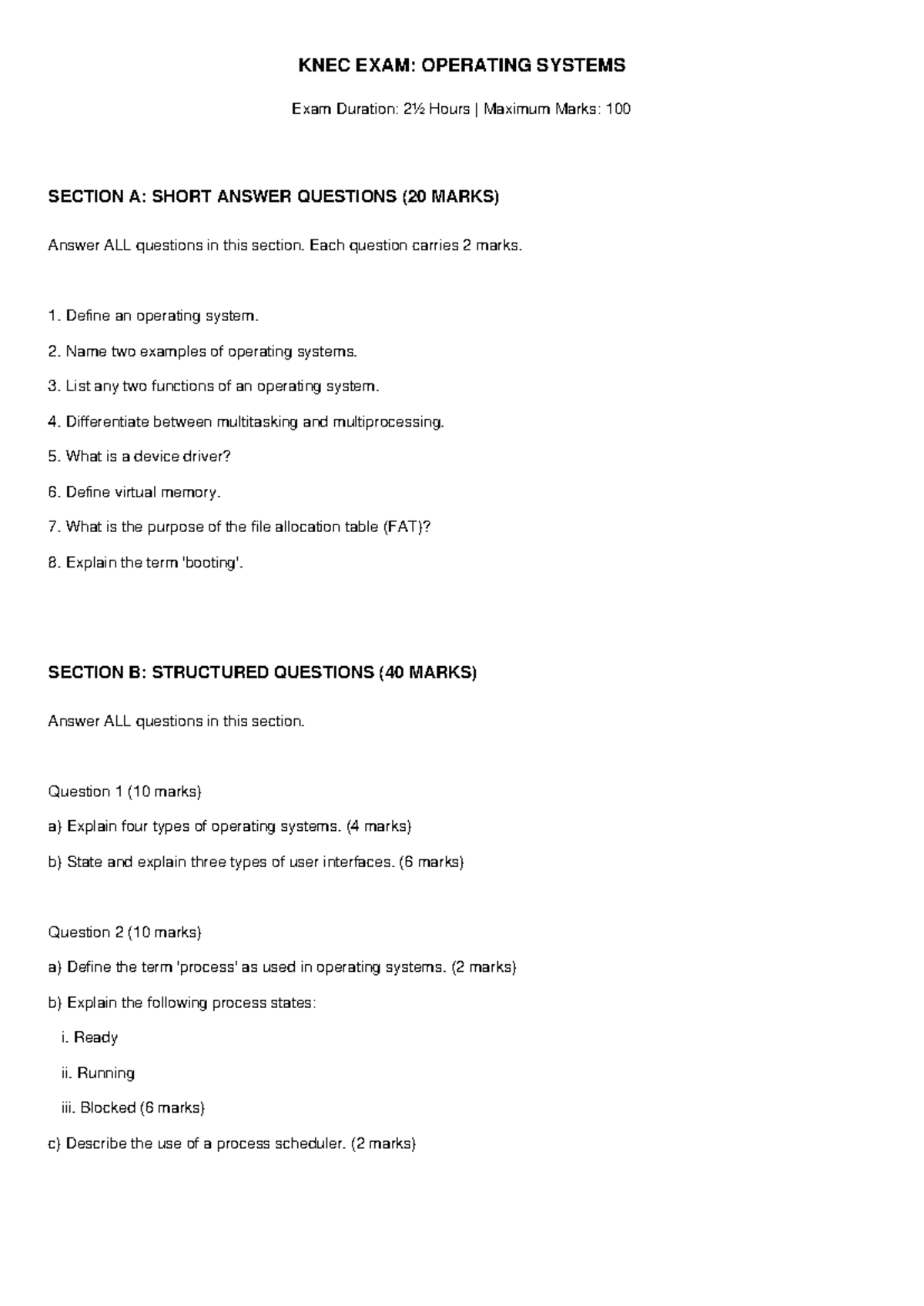 KNEC Exam: Operating Systems - Short & Structured Questions Guide - Studocu