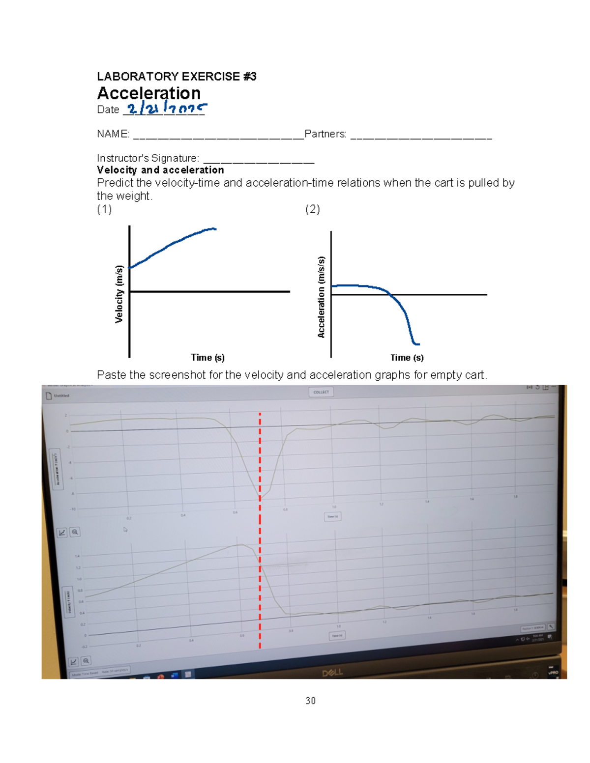 Lab 3 phys 110 - lab data sheet 3 acceleration - LABORATORY EXERCISE ...