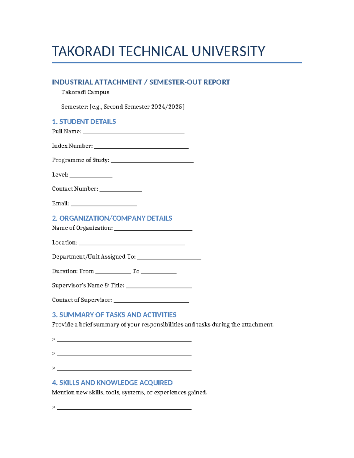TTU Industrial Attachment Report Template - Second Semester - Studocu