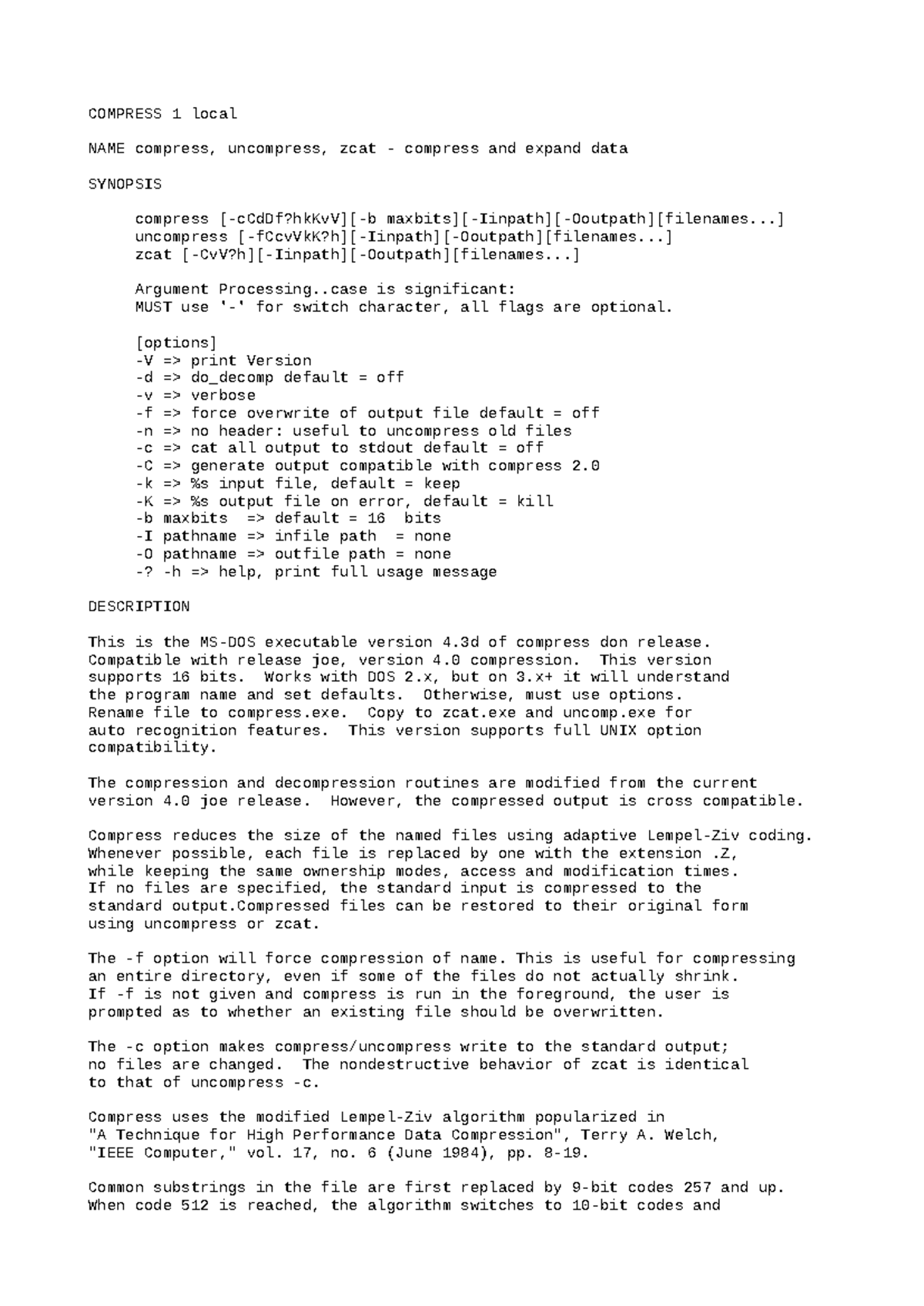 COMP430D - COMPRESS 1 local NAME compress, uncompress, zcat - compress ...