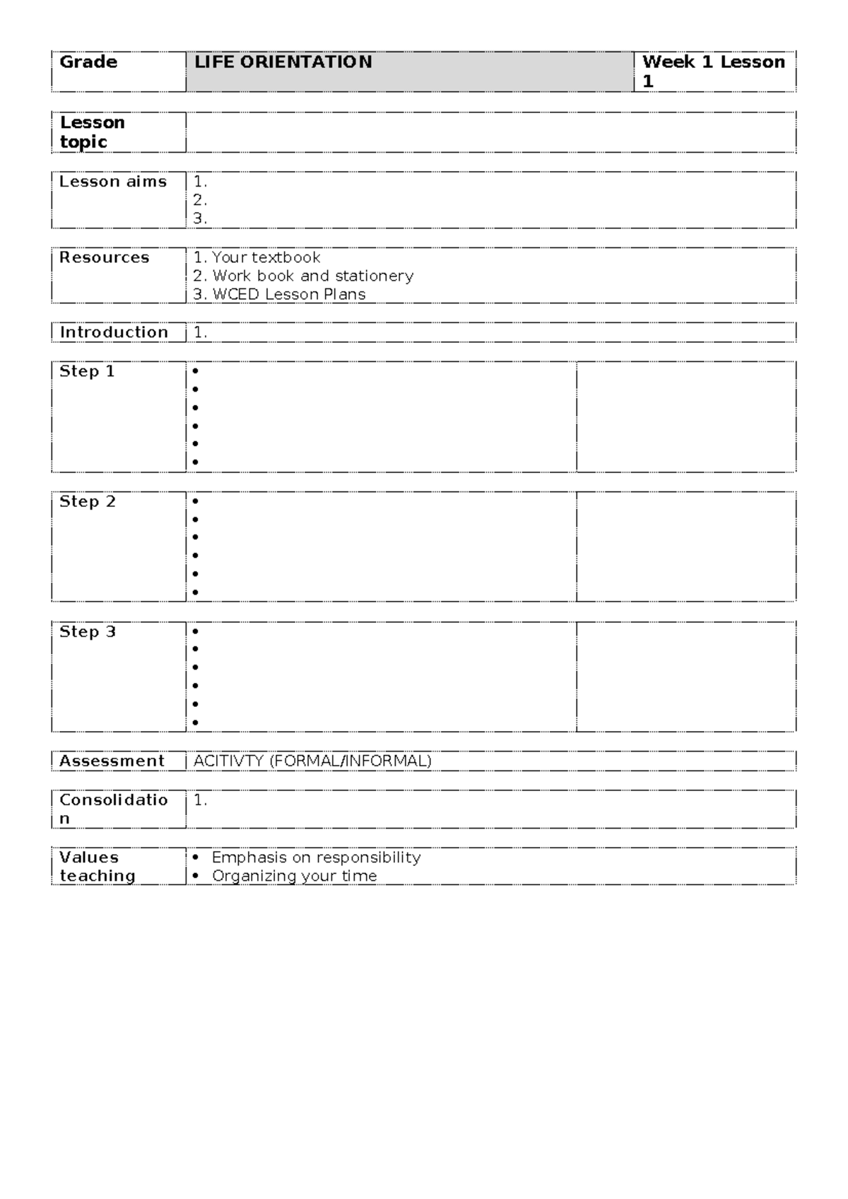 Planning template for core lessons ( Example) - Grade LIFE ORIENTATION ...