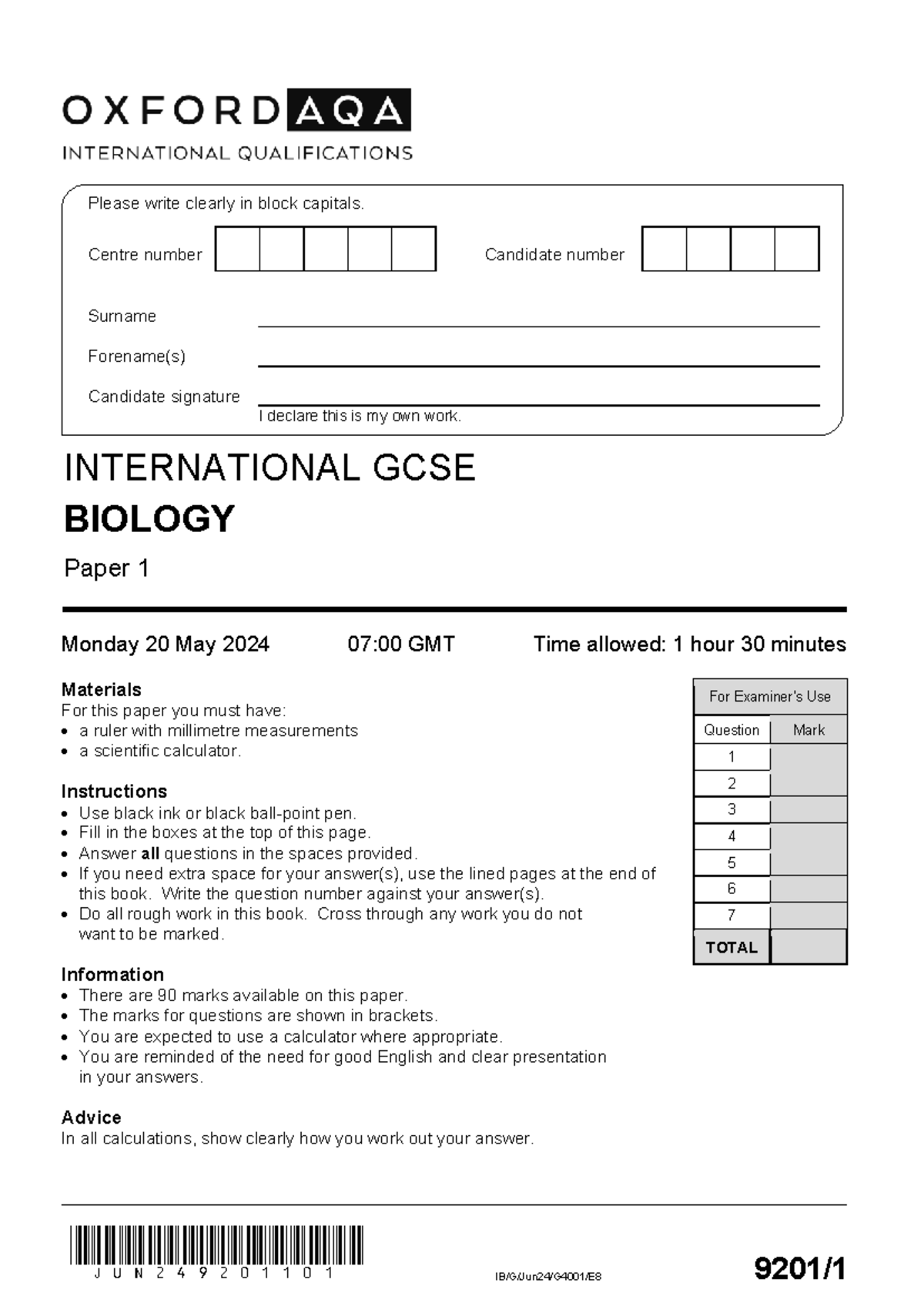 International GCSE Biology Paper 1 - 9201 - May 20, 2024, Exam - Studocu