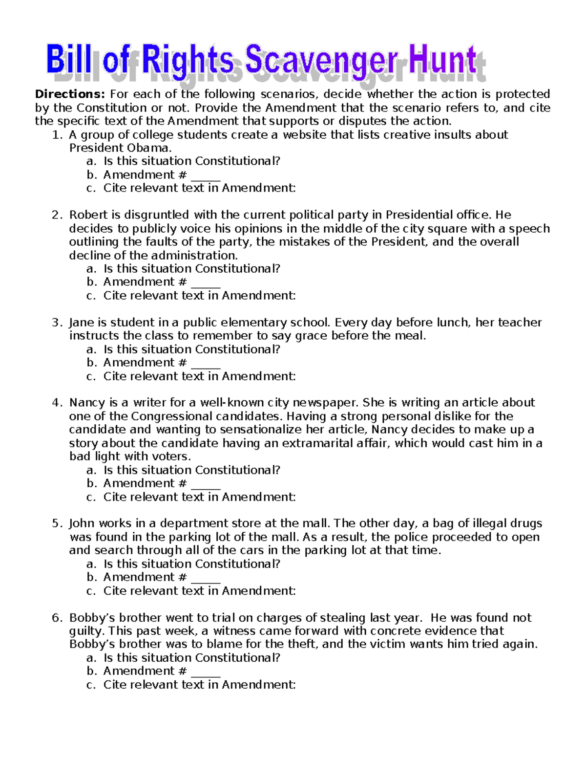 Bill of Rights Scavenger Hunt Activity: Constitutional Analysis - Studocu