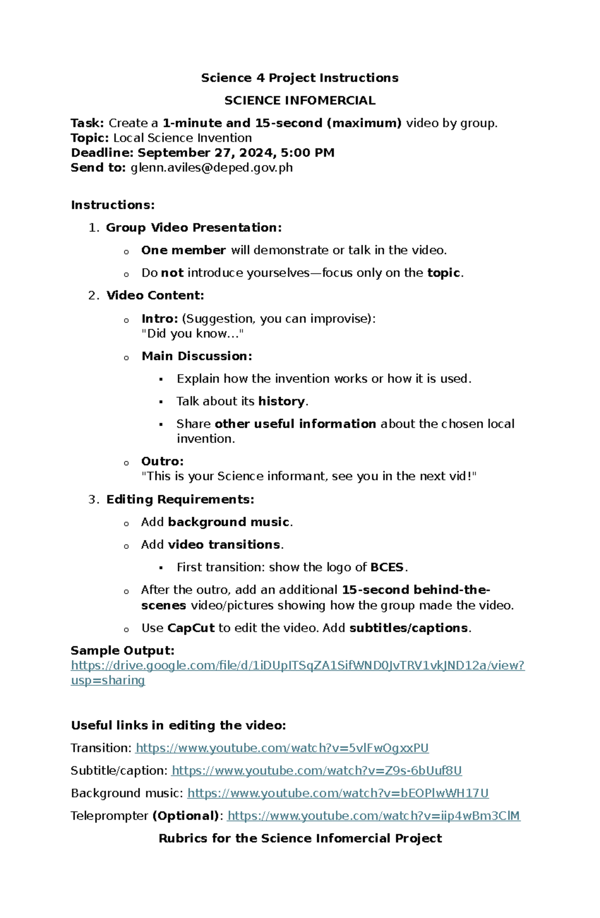 Science 4 Project Instructions - Science 4 Project Instructions SCIENCE ...
