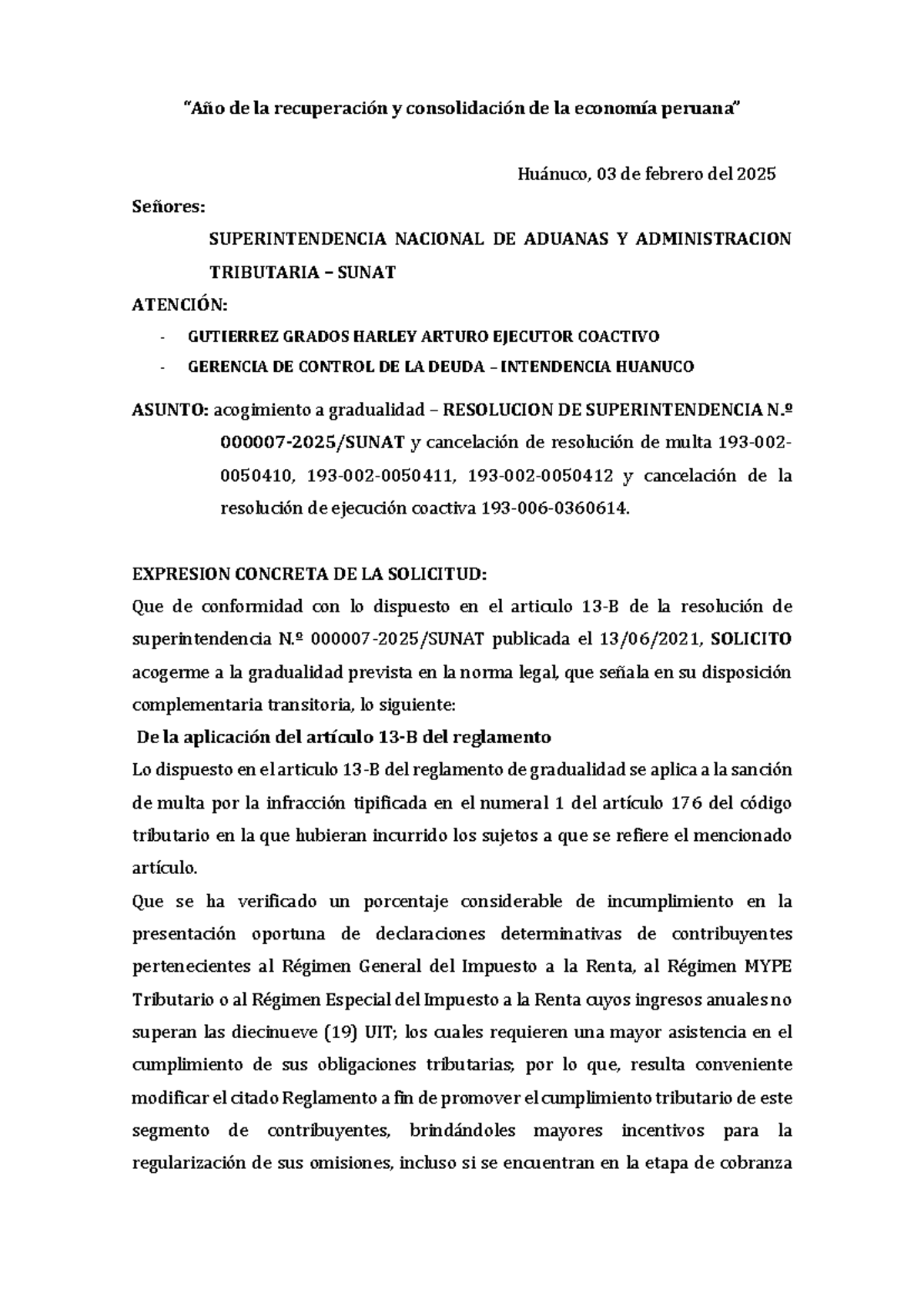 Descargo a SUNAT sobre Gradualidad y Cancelación de Multas - Studocu