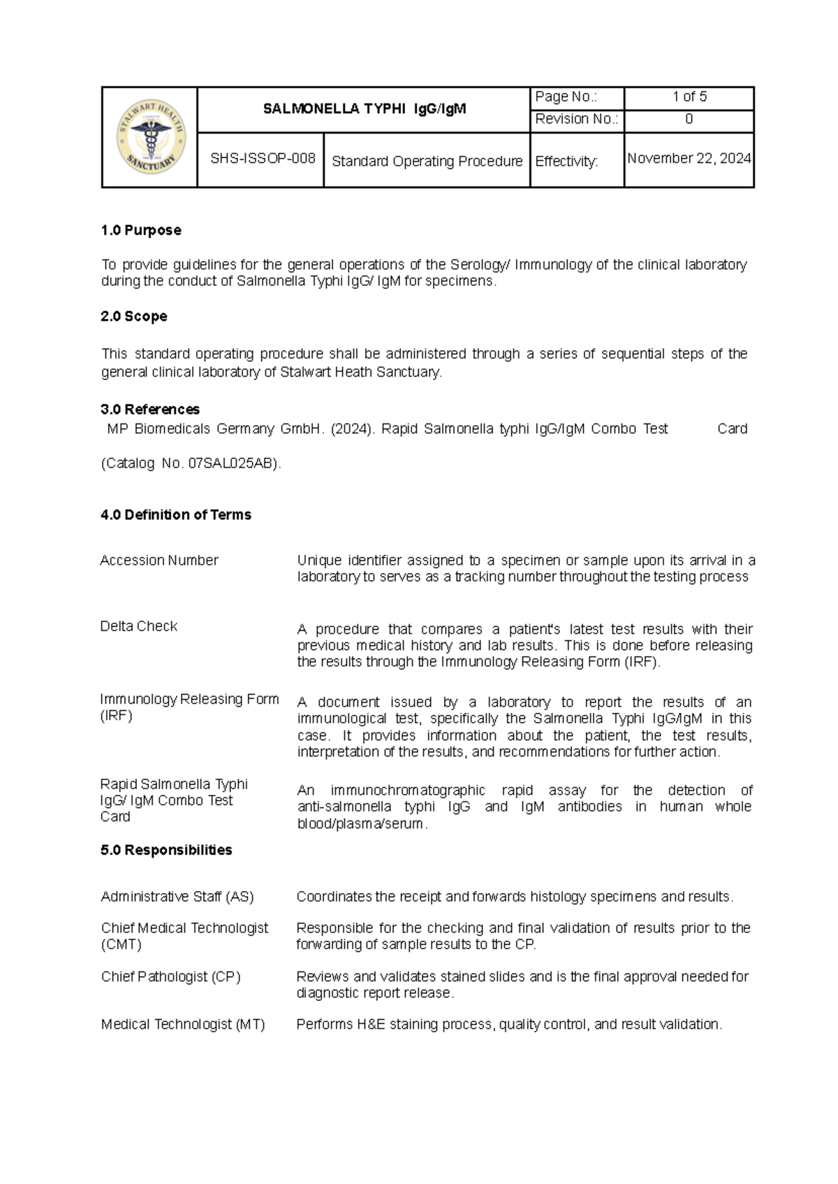 Standard Operating Procedure for Salmonella Typhi IgG/IgM Testing (SHS ...