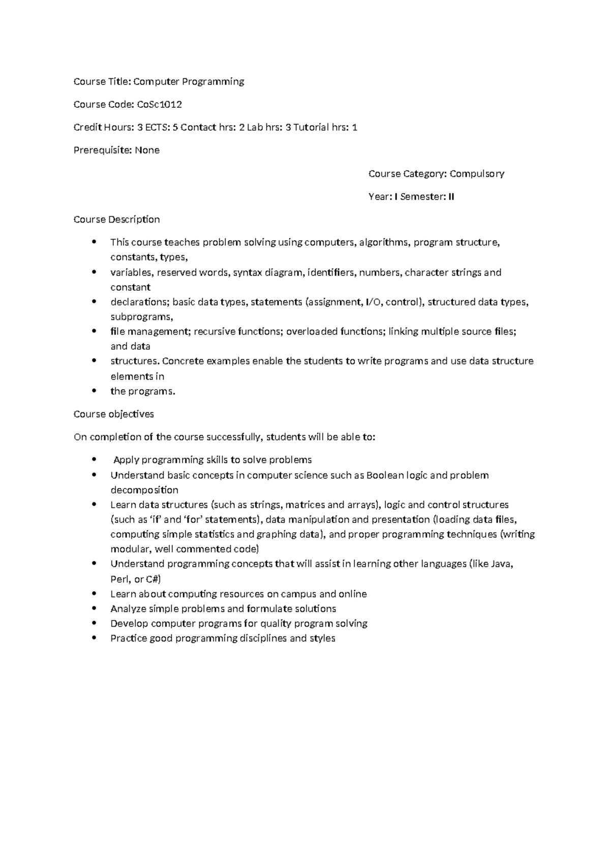 Introduction to Programming - CoSc1012 Course Overview - Studocu