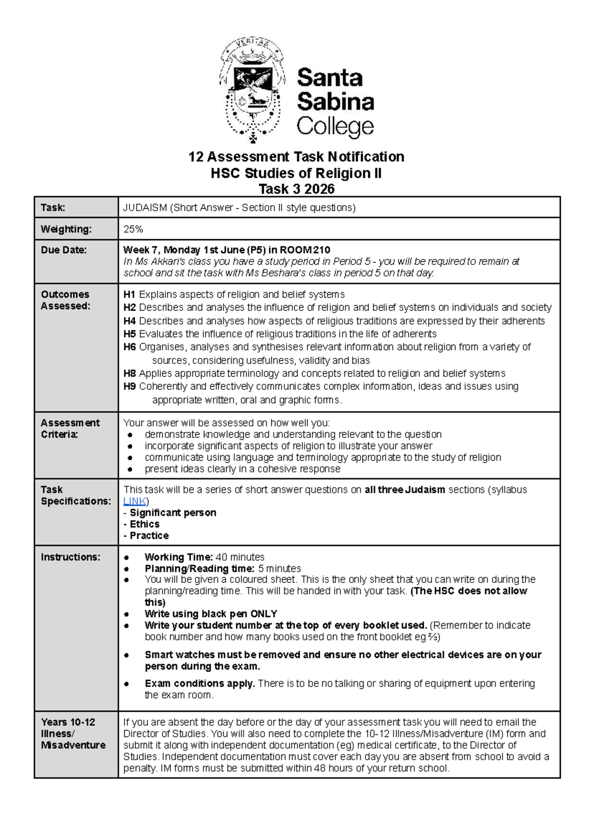 2026 HSC SOR II Task 3: Judaism Short Answer Assessment Notification ...