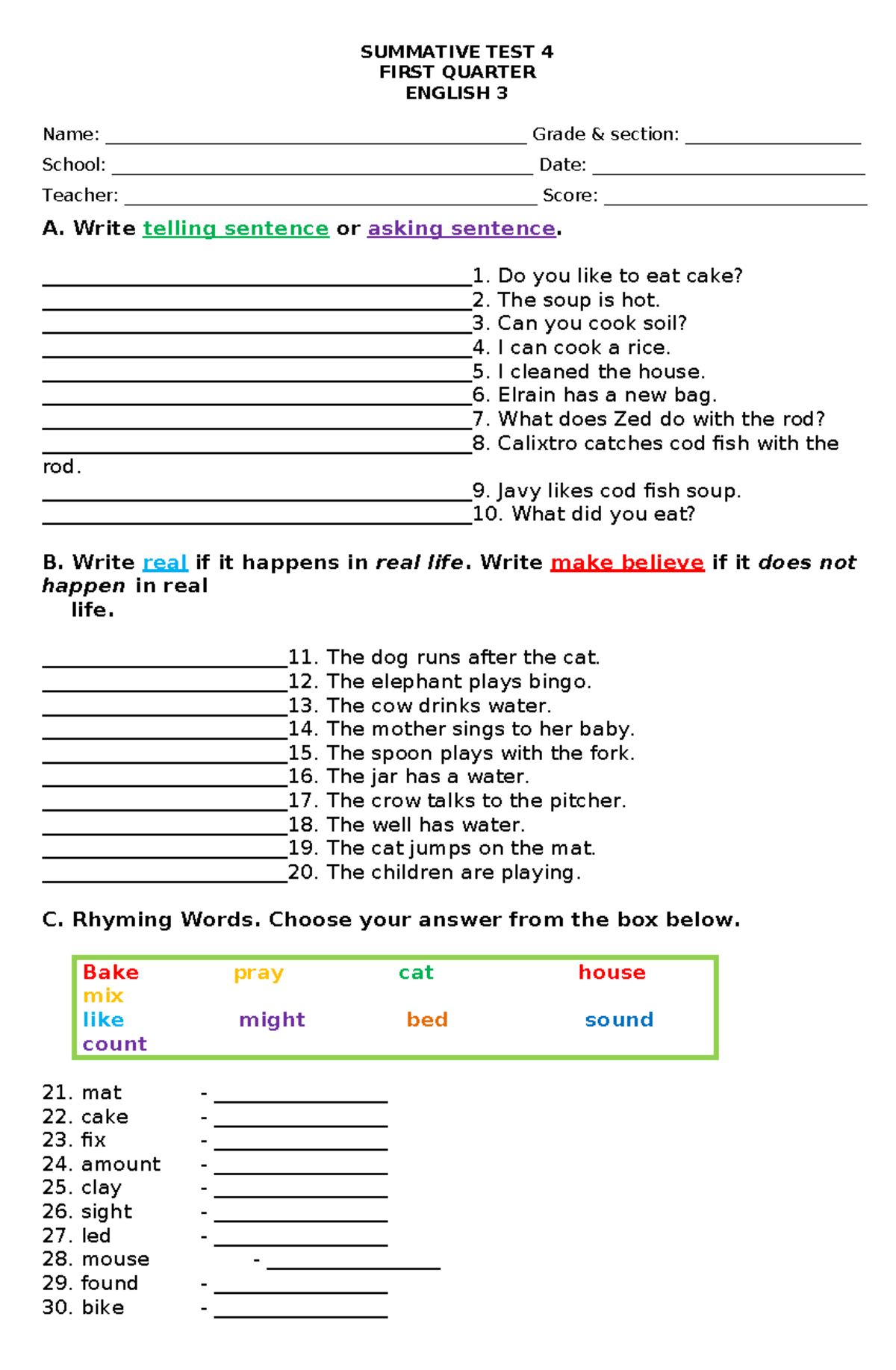 English 3 Q1 Summative Test: Sentence Types & Rhyming Words - Studocu