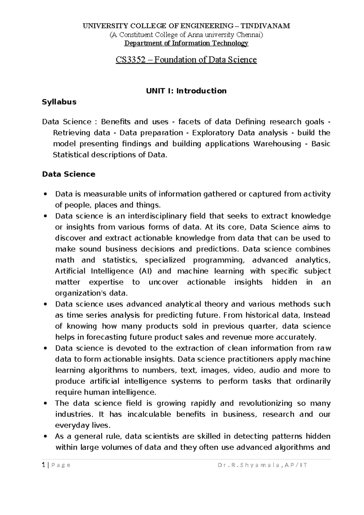 CS3352 - Foundation of Data Science: Unit I Notes on Data Concepts ...