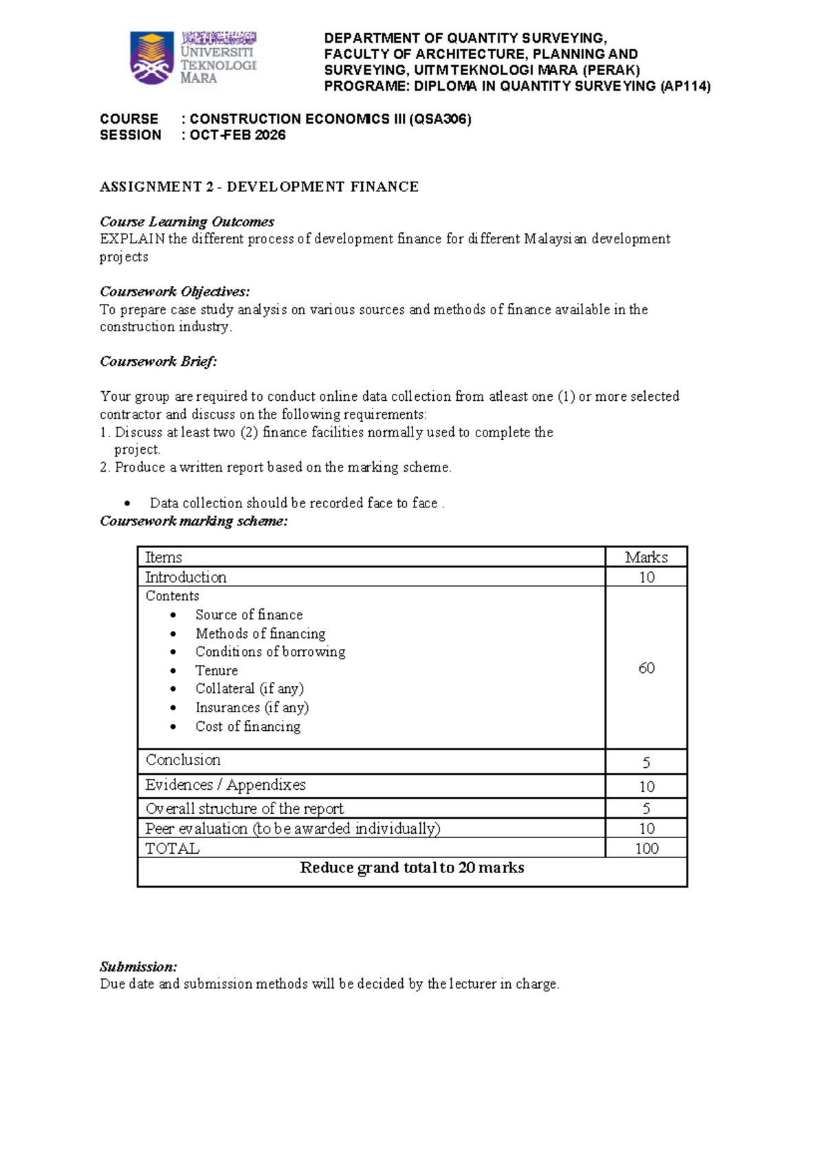 QSA306 Assignment 2: Development Finance in Construction Economics ...