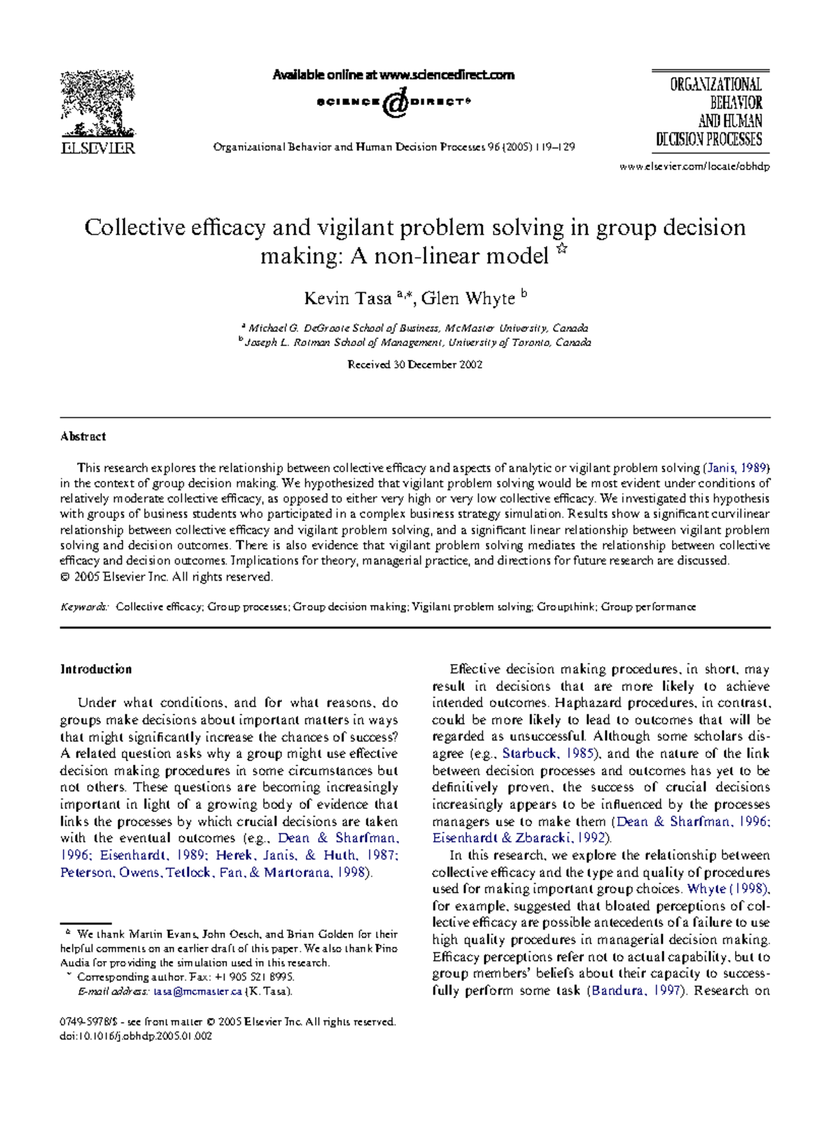 Collective Efficacy and Vigilant Problem Solving in Group Decisions ...