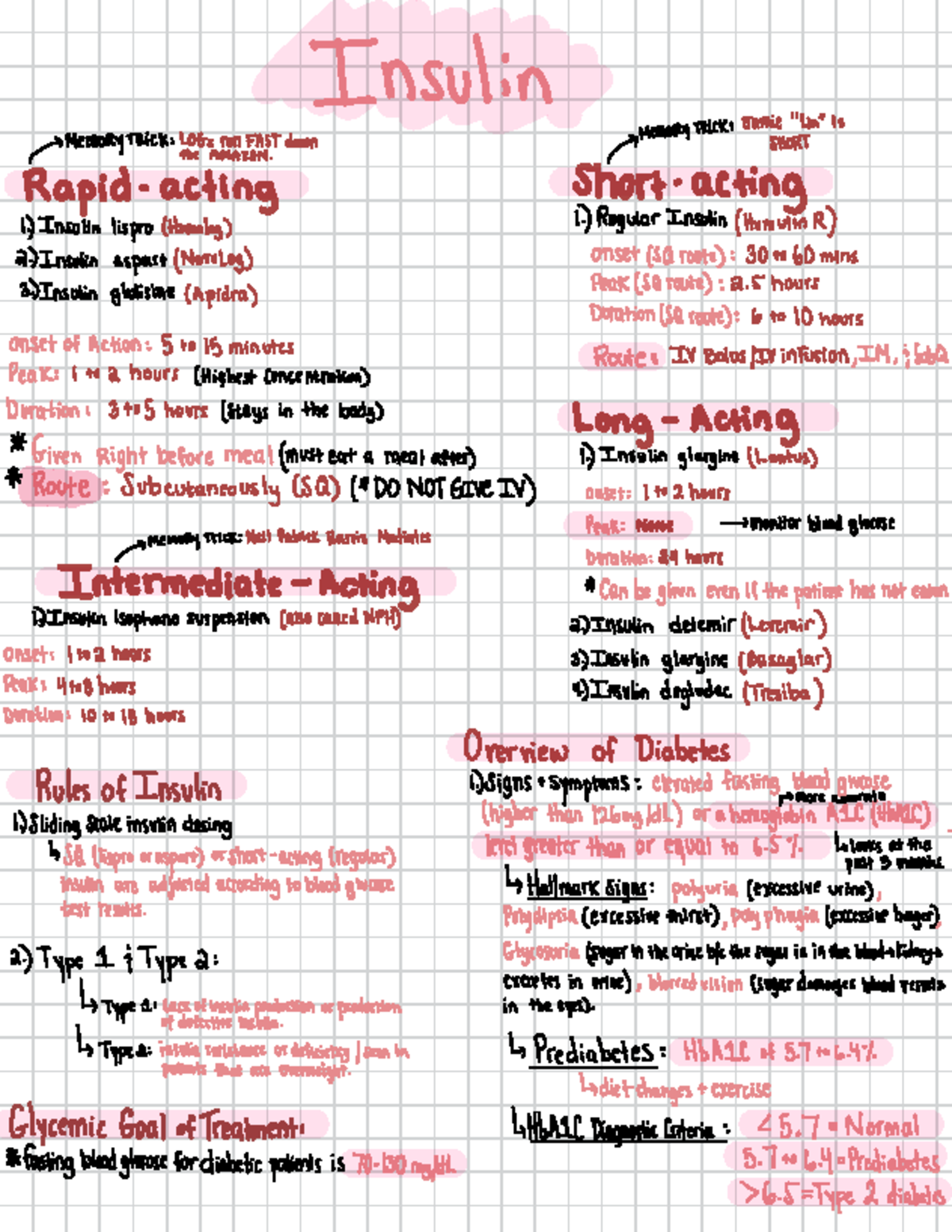 Insulin Overview and Memory Aids for Diabetes Management - Studocu