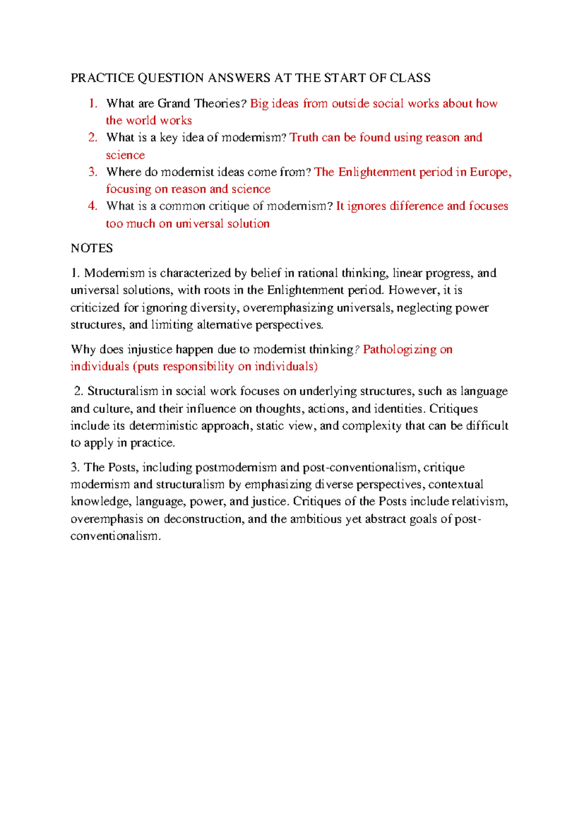 SWK 101: Class Notes on Grand Theories and Modernism Critiques - Studocu