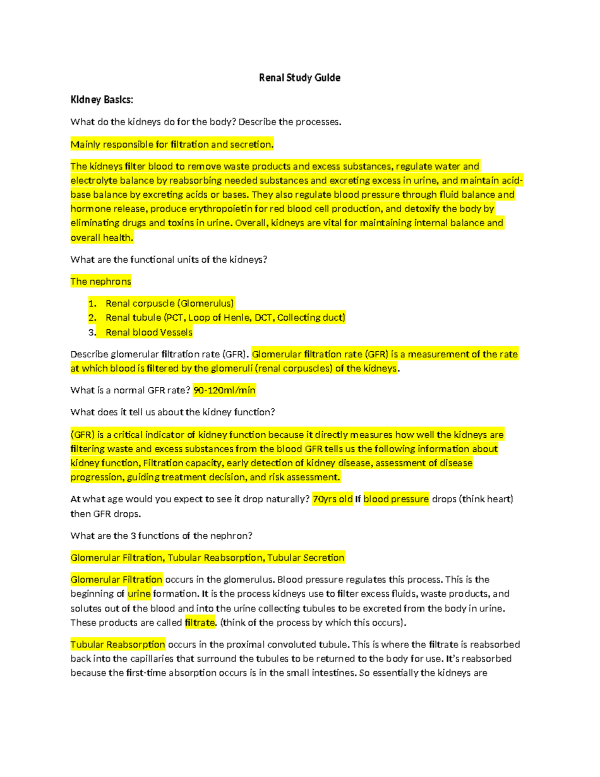 Renal Study Guide: Understanding Kidney Functions and Disorders - Studocu