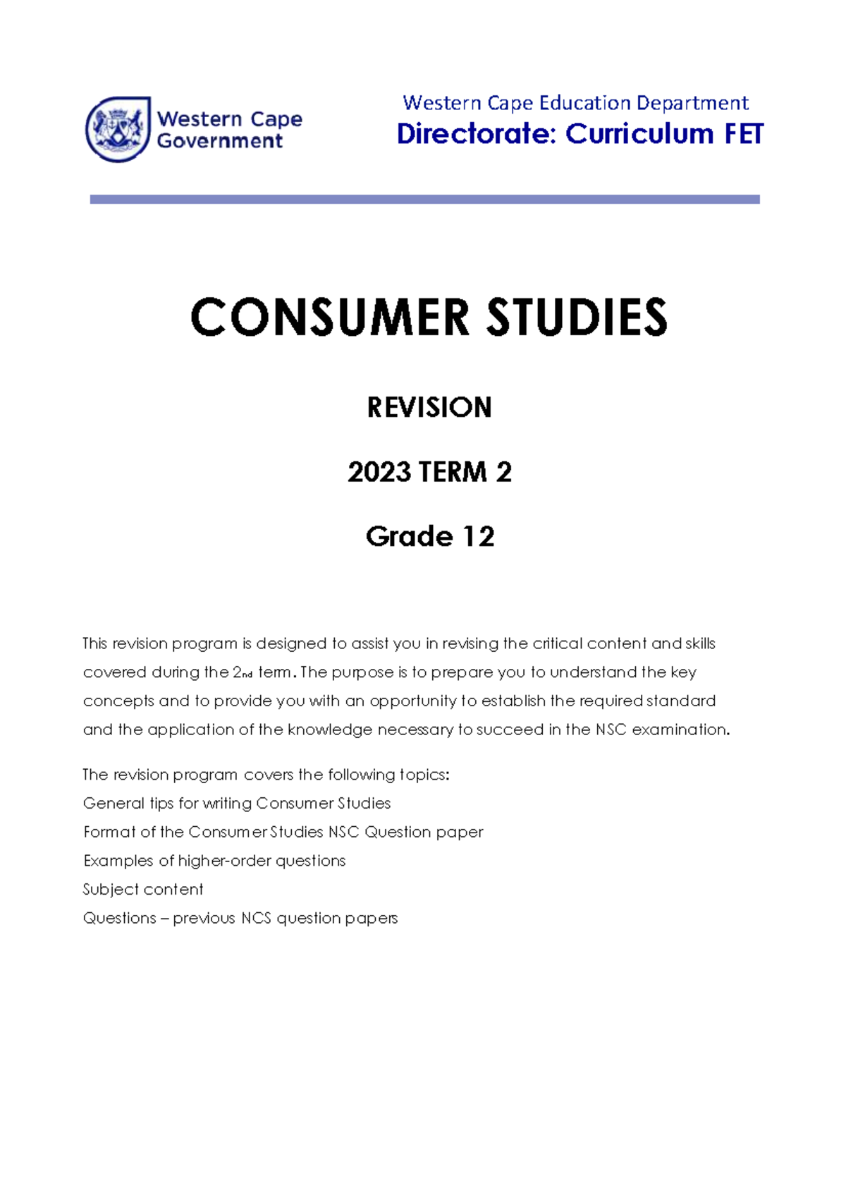 Consumer Studies G12 Term 2 Final Revision Guide 2023 - Studocu