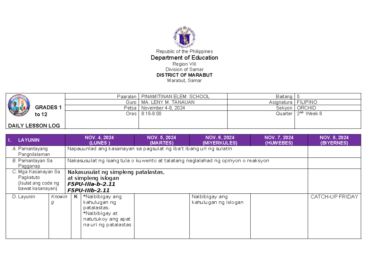 DLL Filipino Q2 Week-6-Final - Republic of the Philippines Department ...