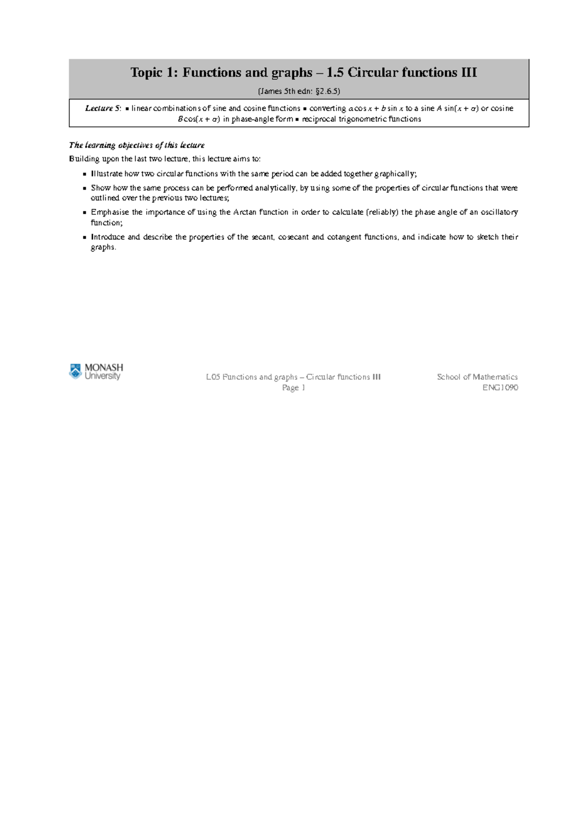 ENG1090 L05: Functions and Graphs - Circular Functions and Their ...