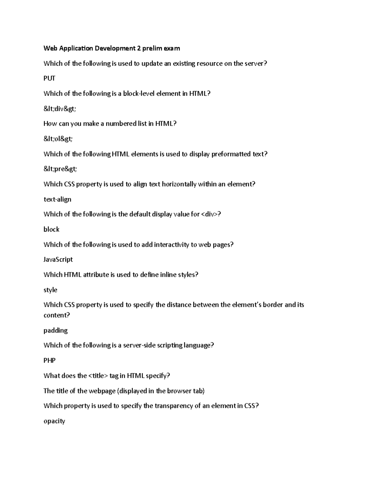 Web Application Development 2 Prelim Exam Study Guide - Studocu