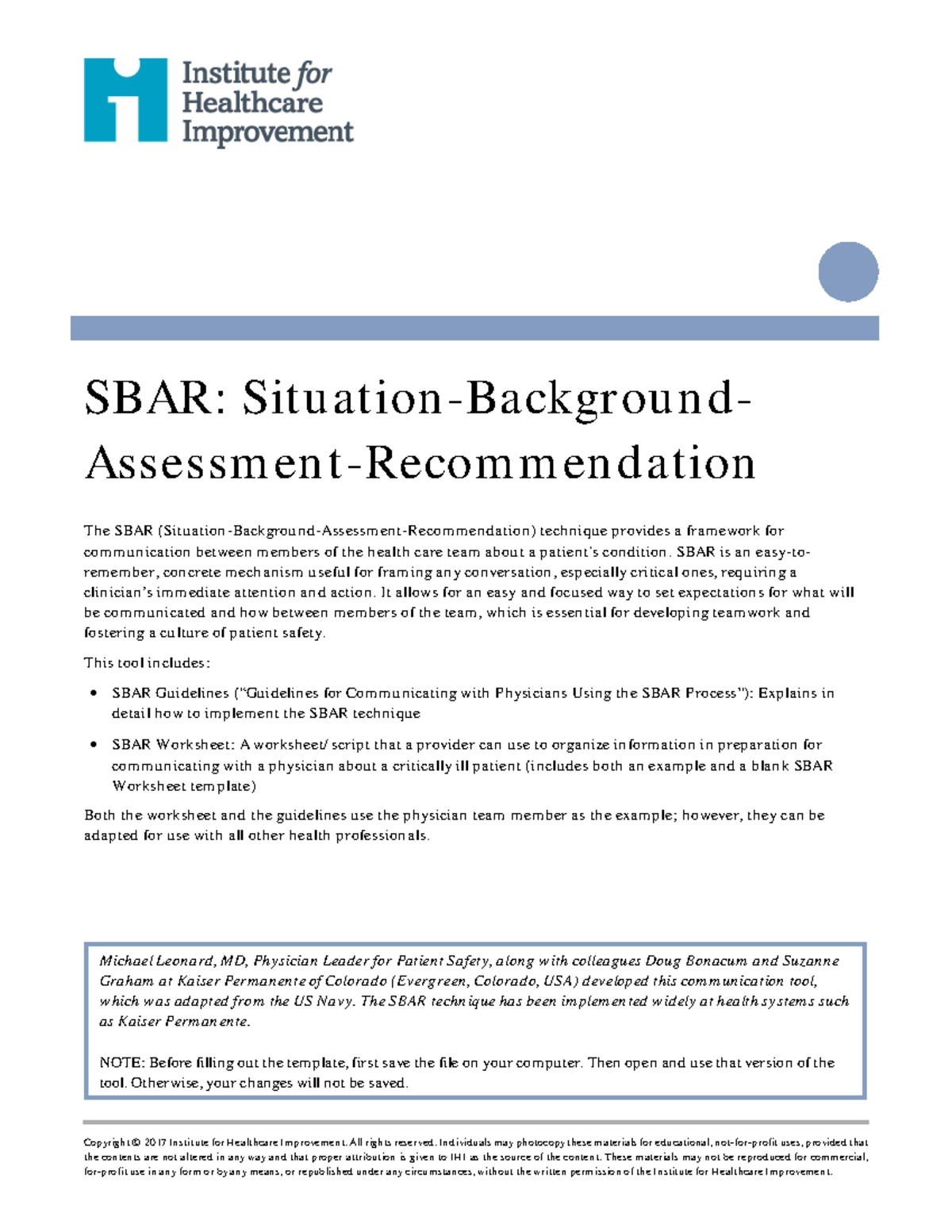 SBAR Communication Technique: Guidelines & Worksheet Essentials - Studocu