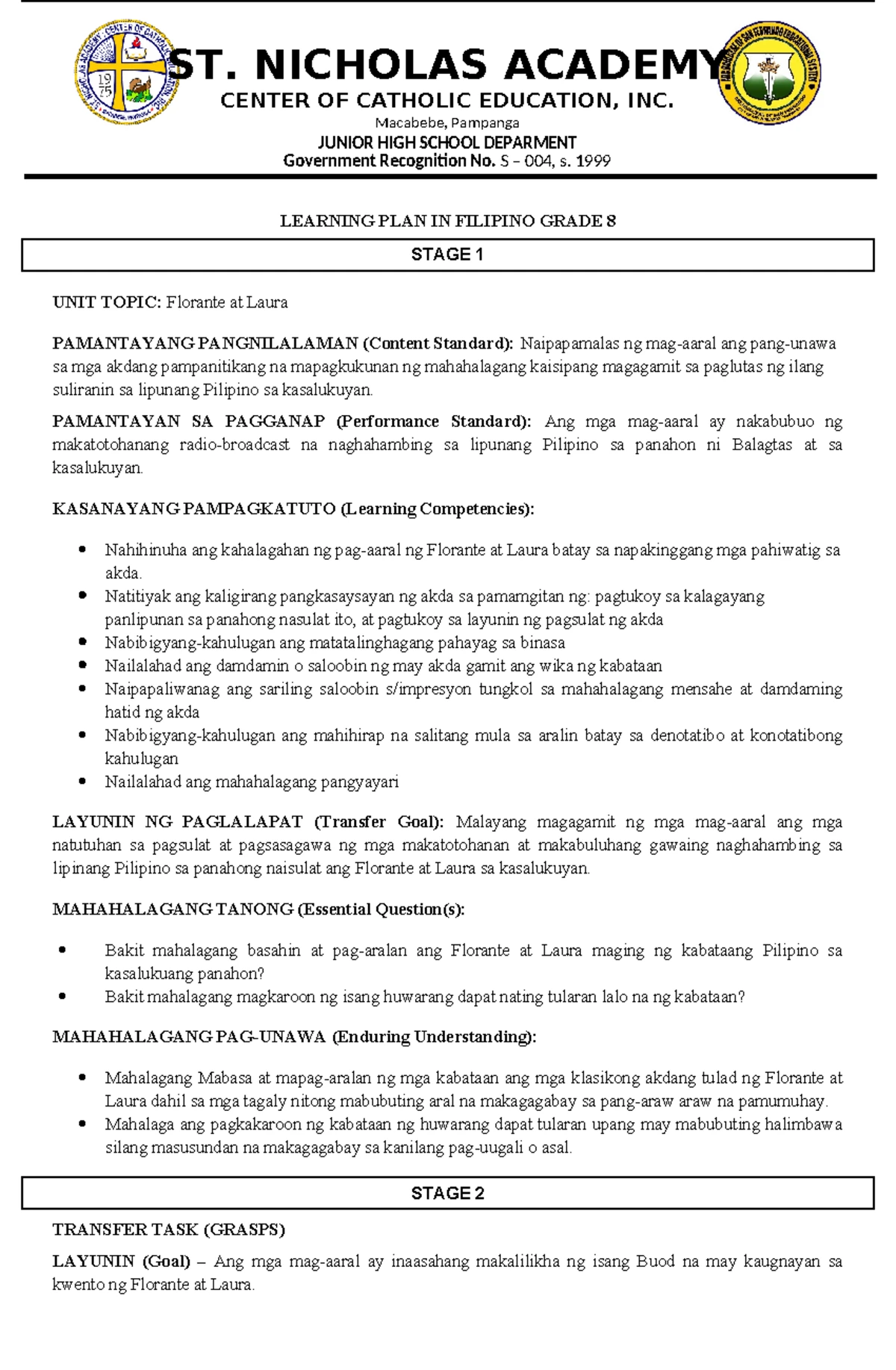PEAC2024 Learning Plan: Panitikan sa Panahon ng Pananakop ng Estados ...